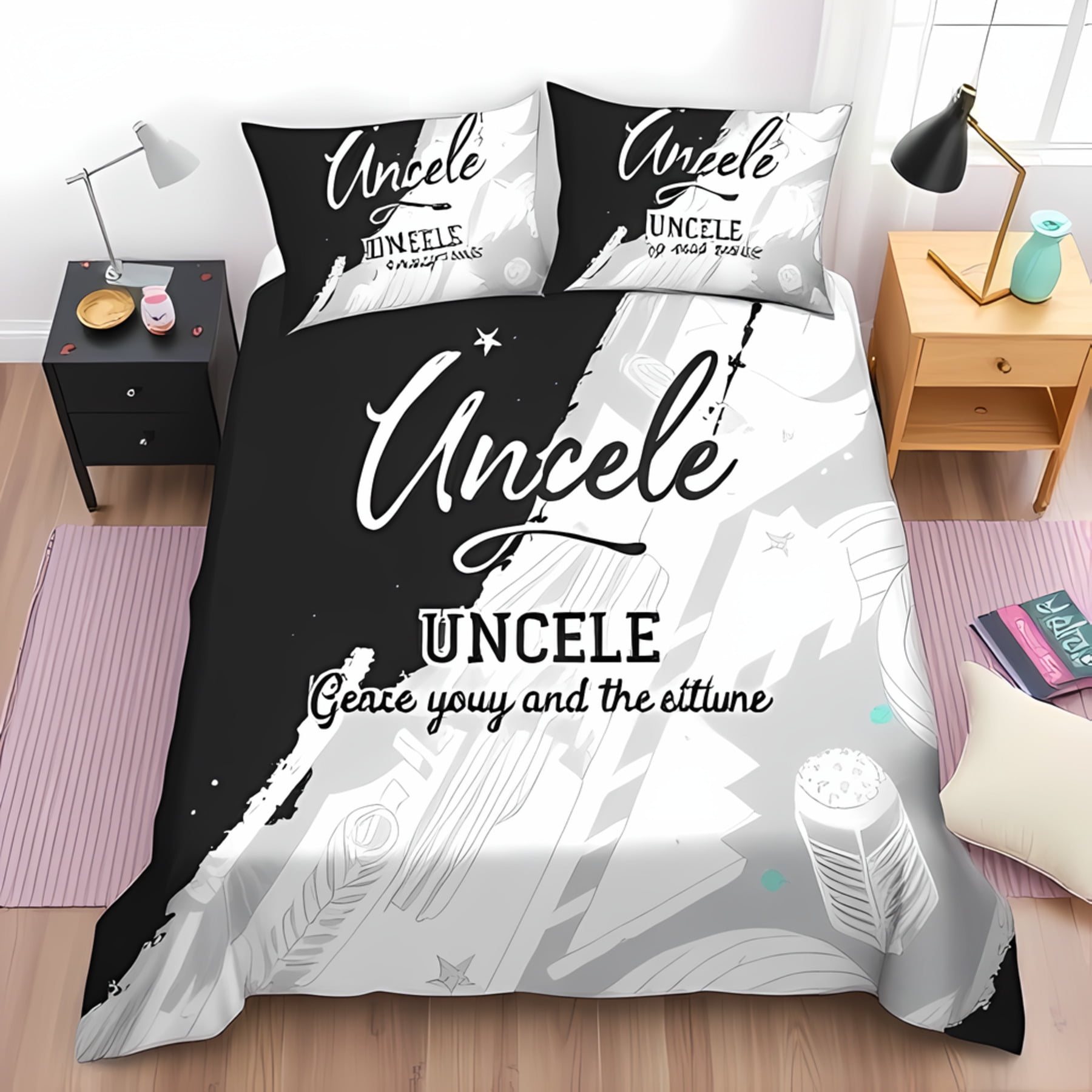 Stylish 3-Piece Black & White Duvet Cover Set with Bold 'Uncle' Design ...
