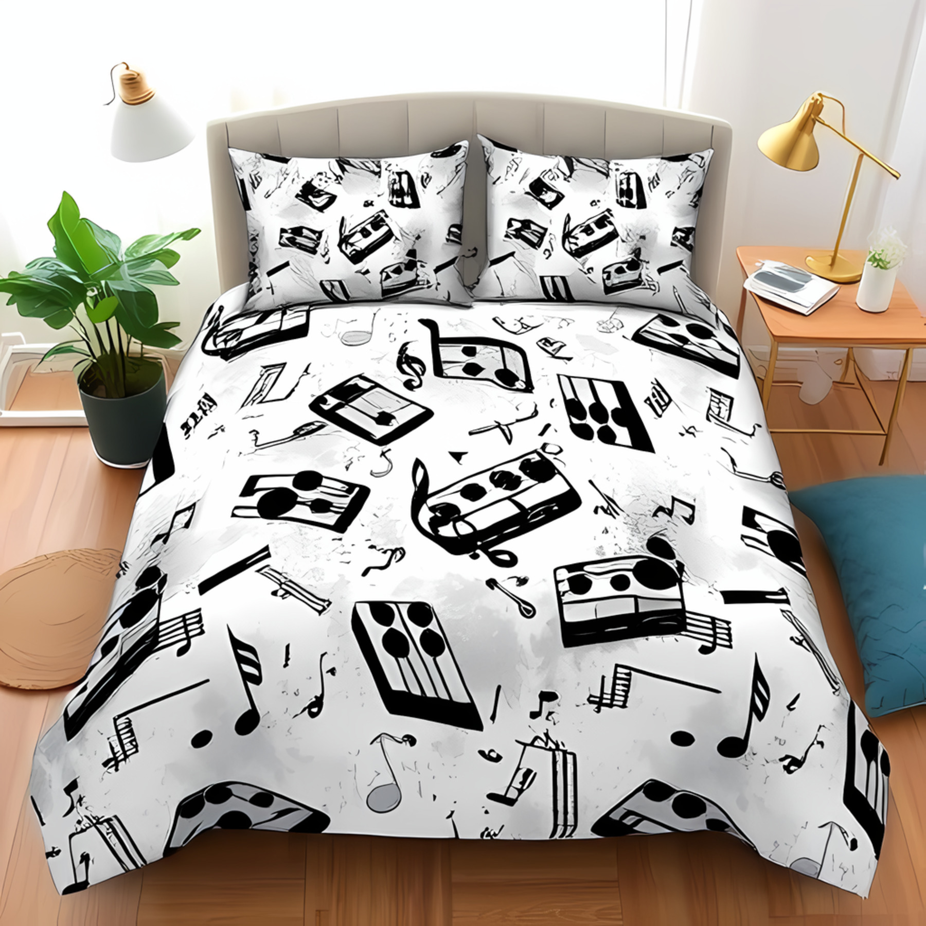 Stylish 3-Piece Duvet Cover Set with Monochrome Musical Notes ...