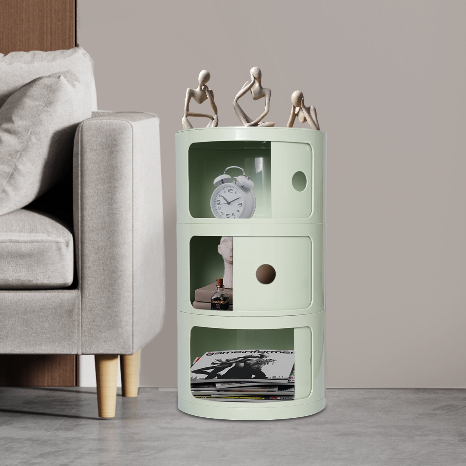 Stylish 3-Tier Round Storage Cabinet, Sliding Doors, ABS Material ...