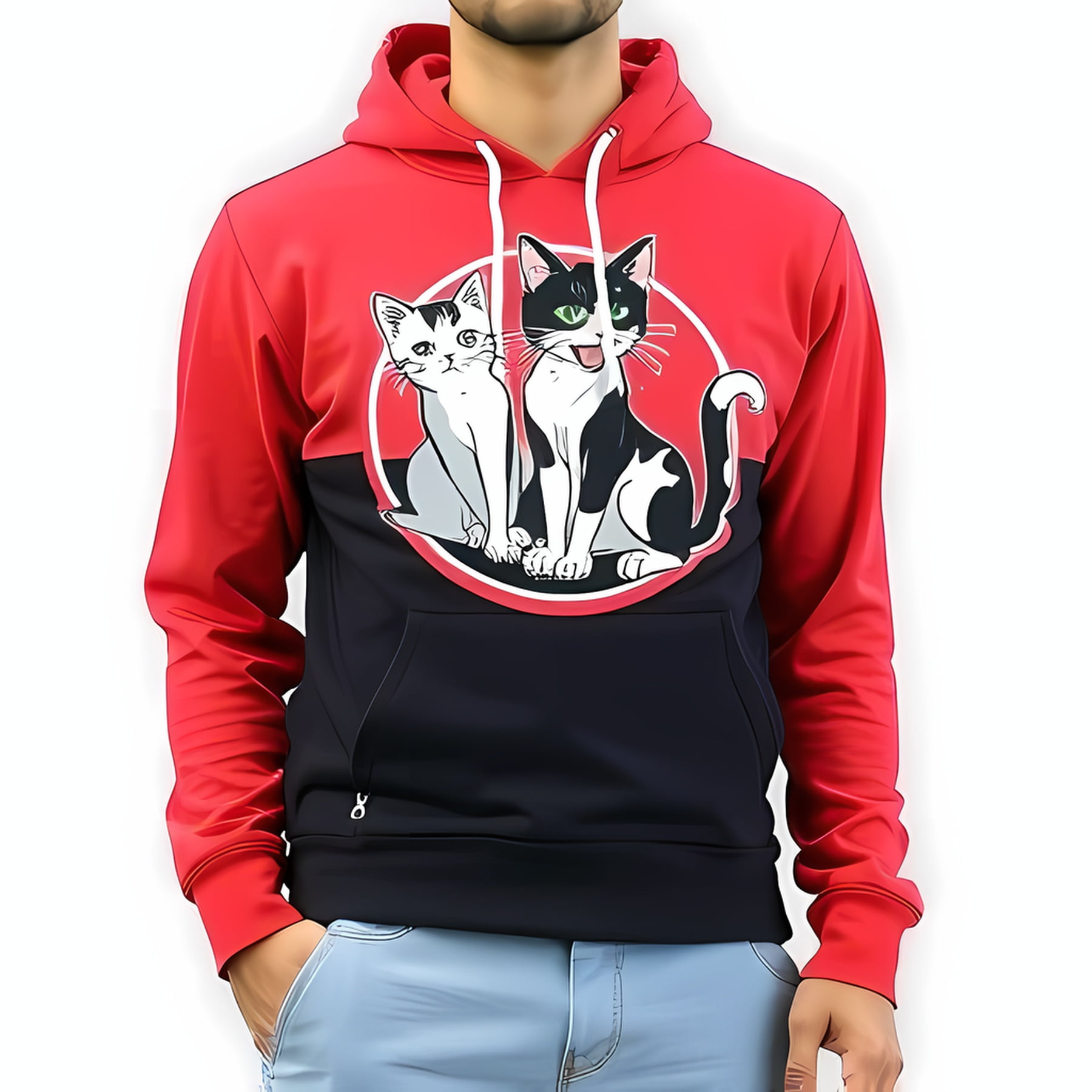 Stylish 3D Anime Cat Hoodie for Men - Two-Toned Red & Navy Design with ...