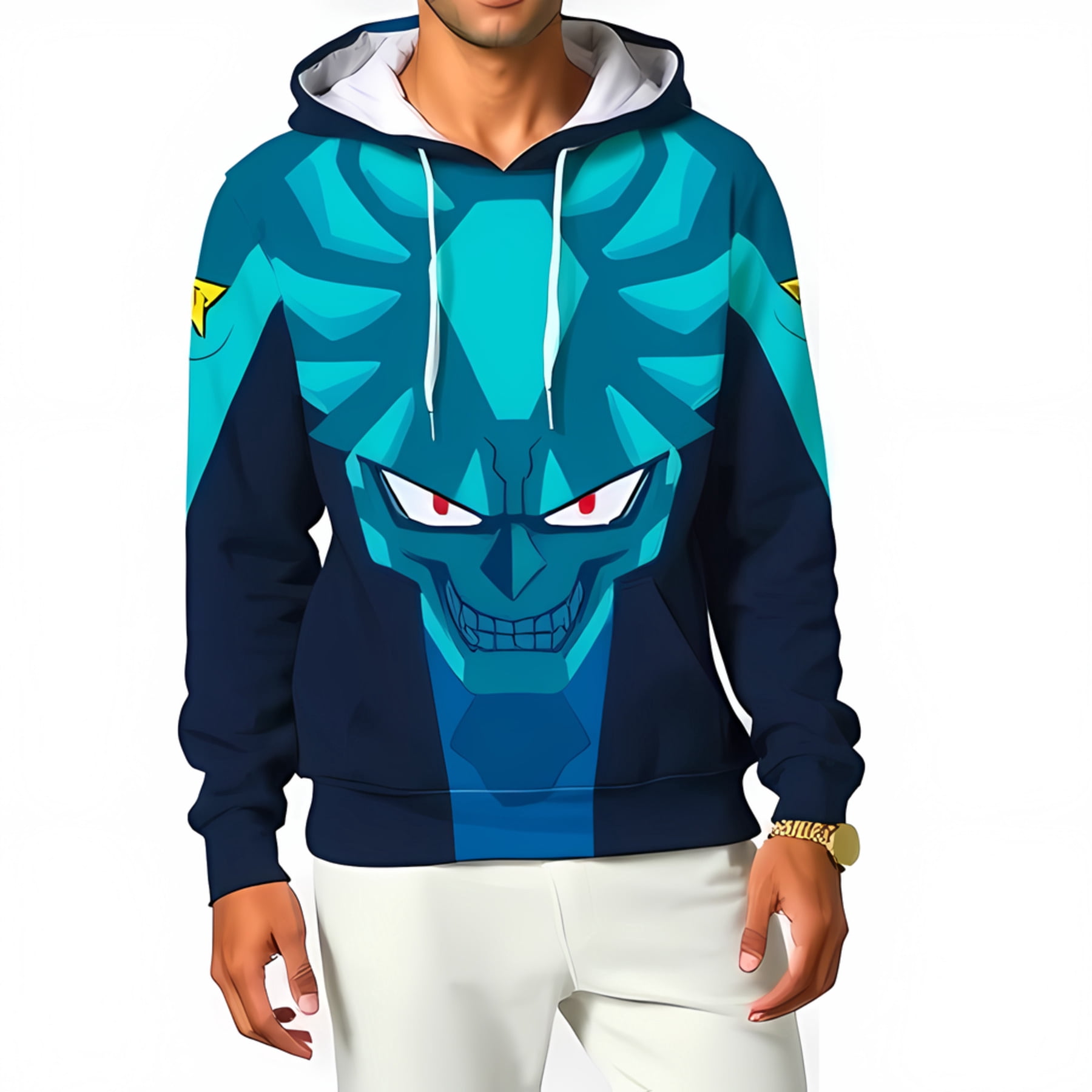 Stylish 3D Anime Face Hoodie for Men Blue & with Red Eyes & Menacing ...