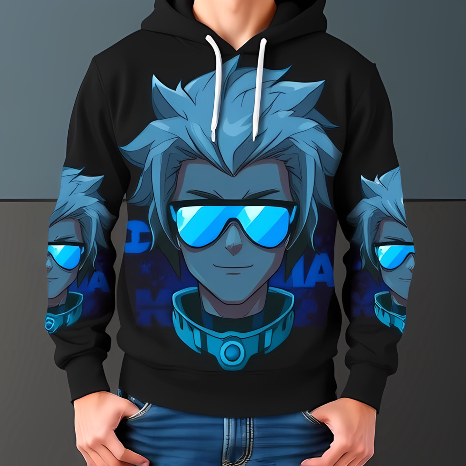 Stylish 3D Anime-Inspired Black Hoodie with Spiky Blue-Haired Character ...