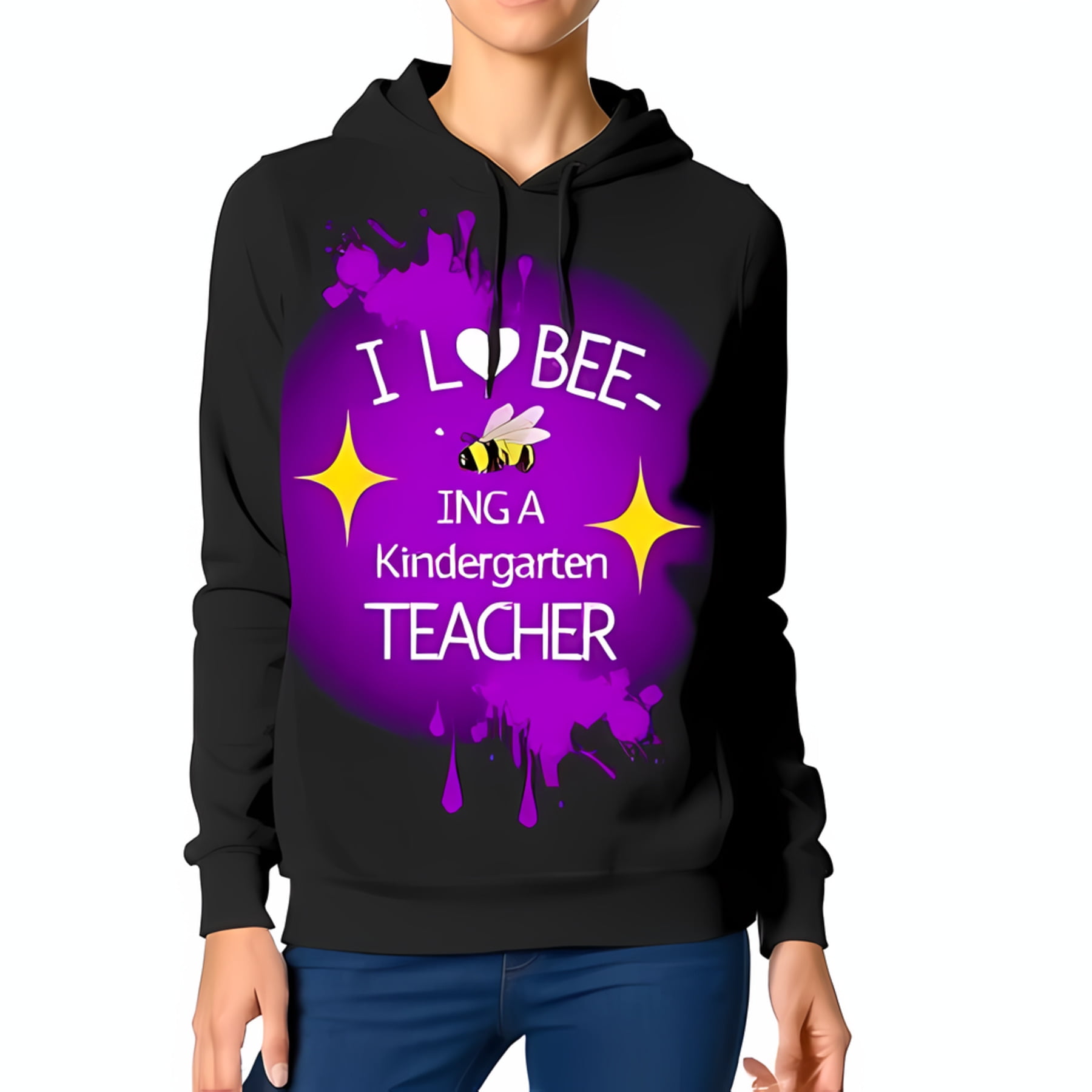 Stylish 3D Black Hoodie for Kindergarten Teachers - Colorful Paint ...