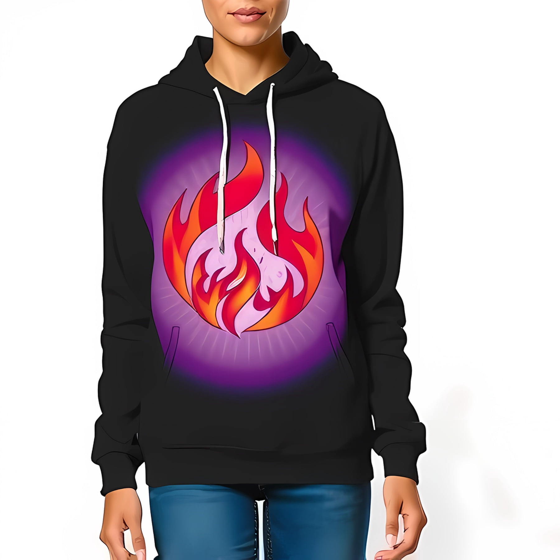 Stylish 3D Black Hoodie with Bold Orange and Red Flame Graphic Design ...