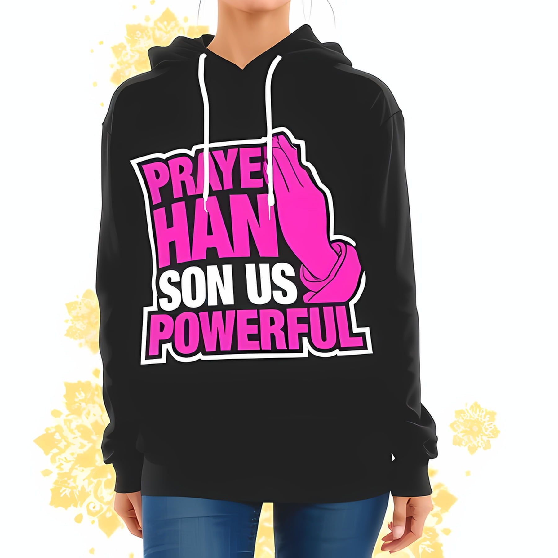 Stylish 3D Black Hoodie with Bold Pink Graphic "PRAYE HAN SON US ...