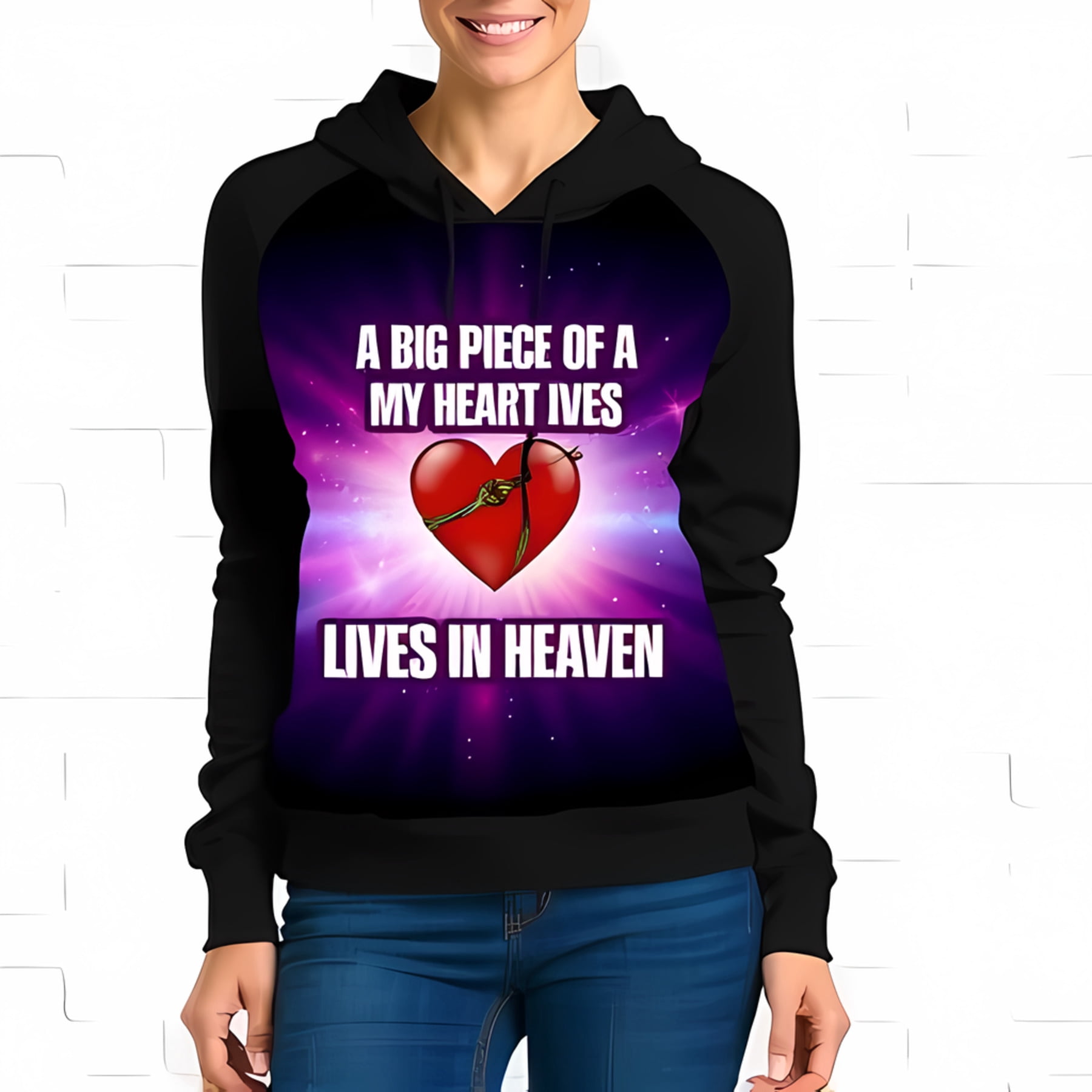 Stylish 3D Black Hoodie with Red Heart Design & Patterns - "A Big Lives ...