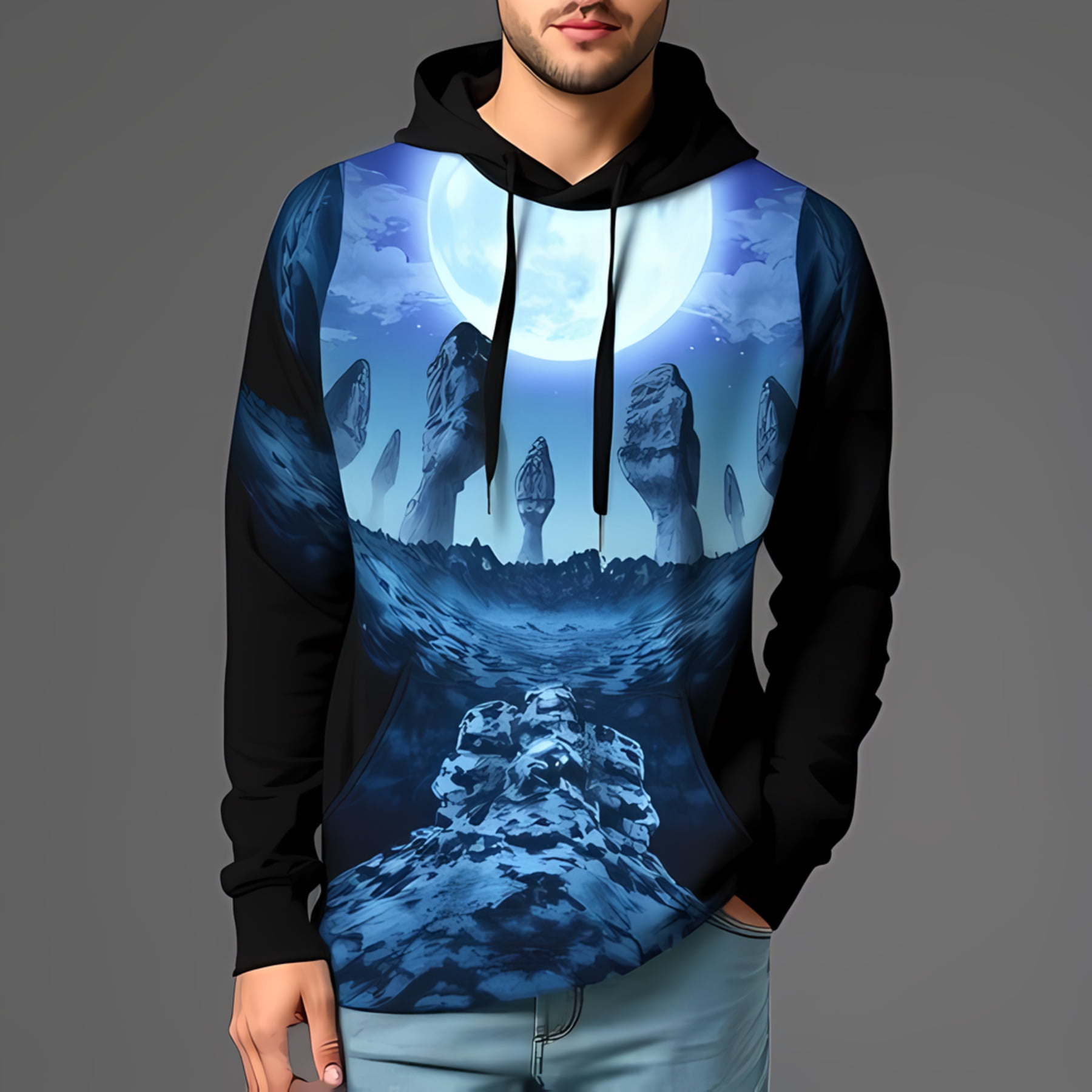Stylish 3D Black Hoodie with Surreal Moonlit Landscape Print Unique ...