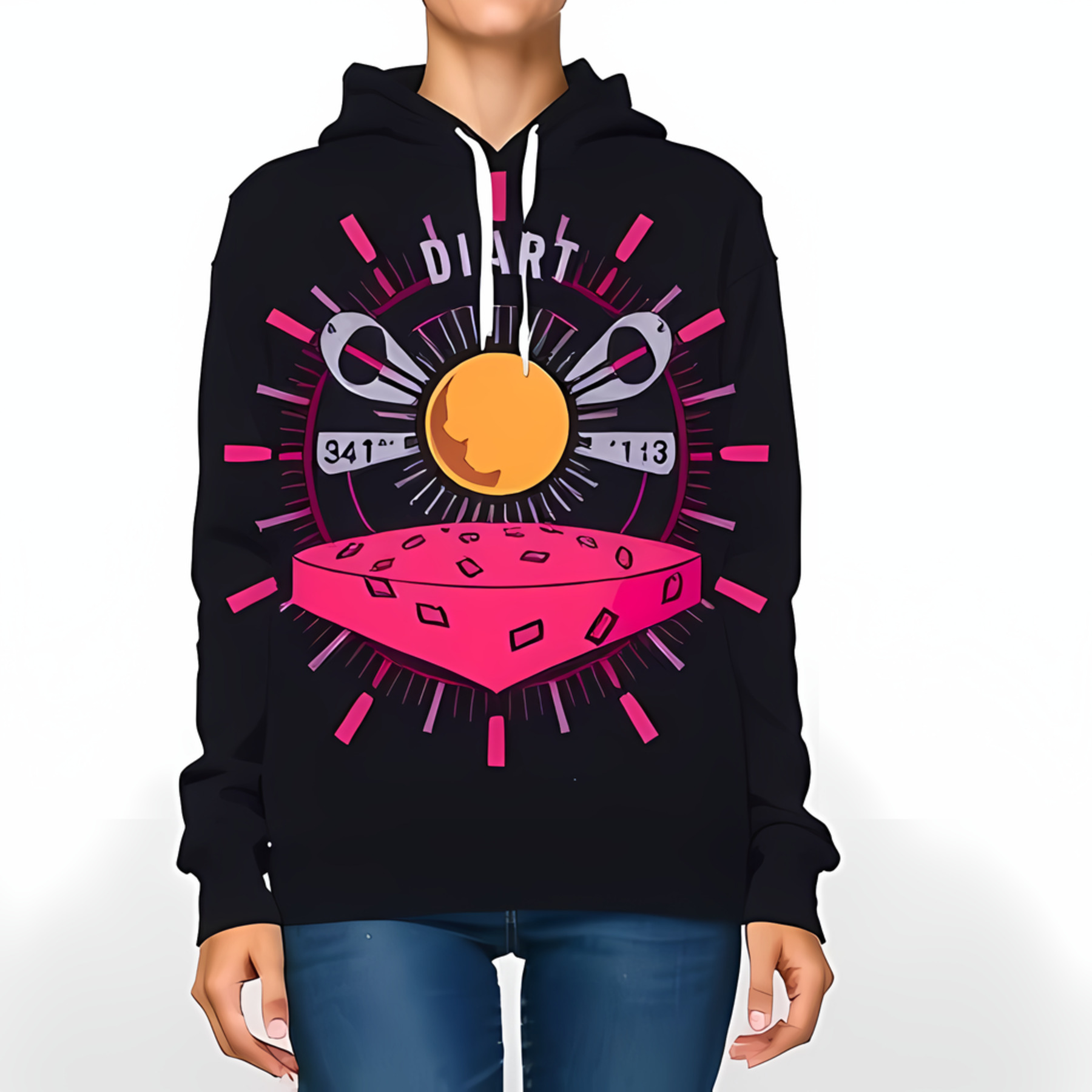 Stylish 3D Black Hoodie with Vibrant Graphic Design - Circular Dial ...