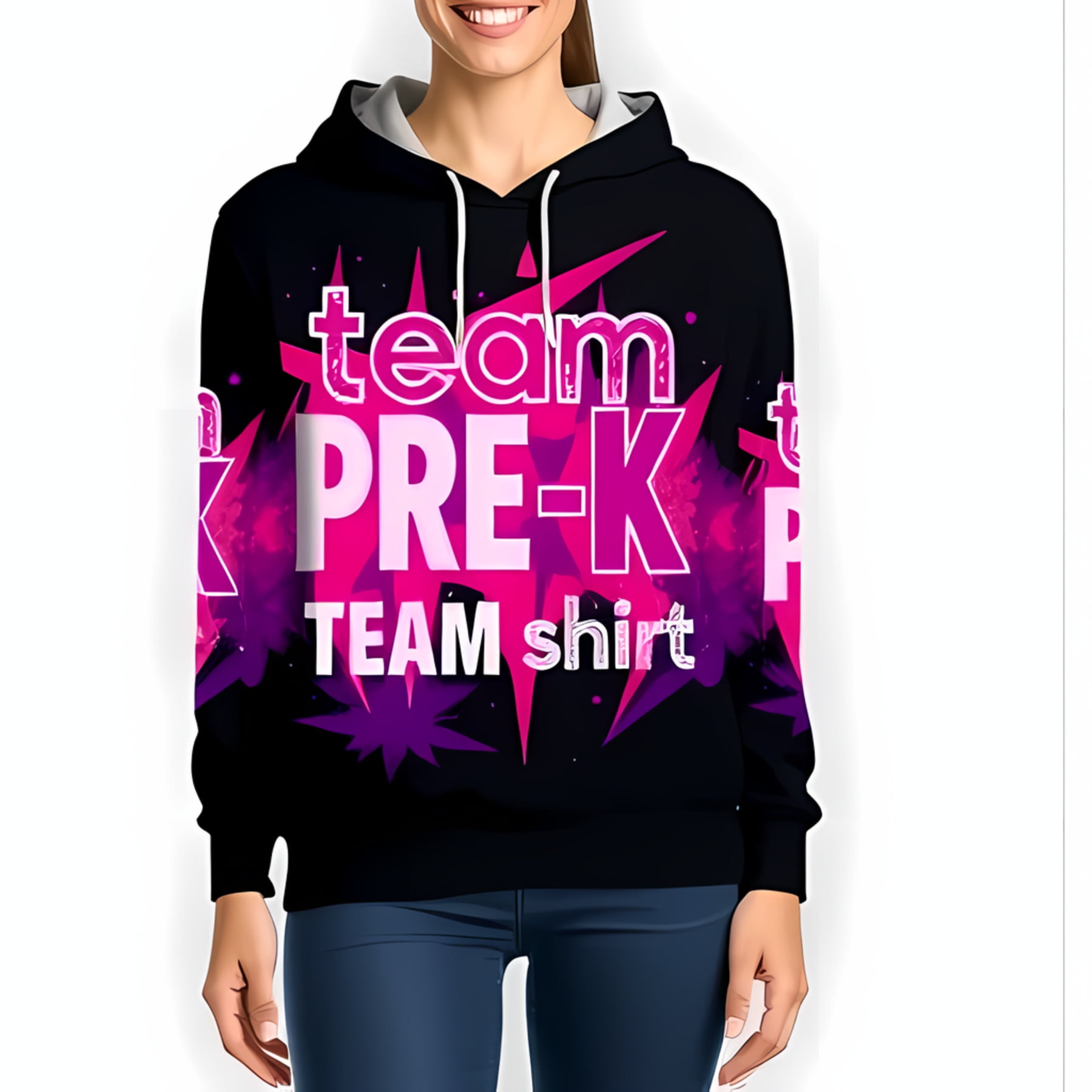 Stylish 3D Black Hoodie with Vibrant Hot Pink 'Team Pre-K' Design ...