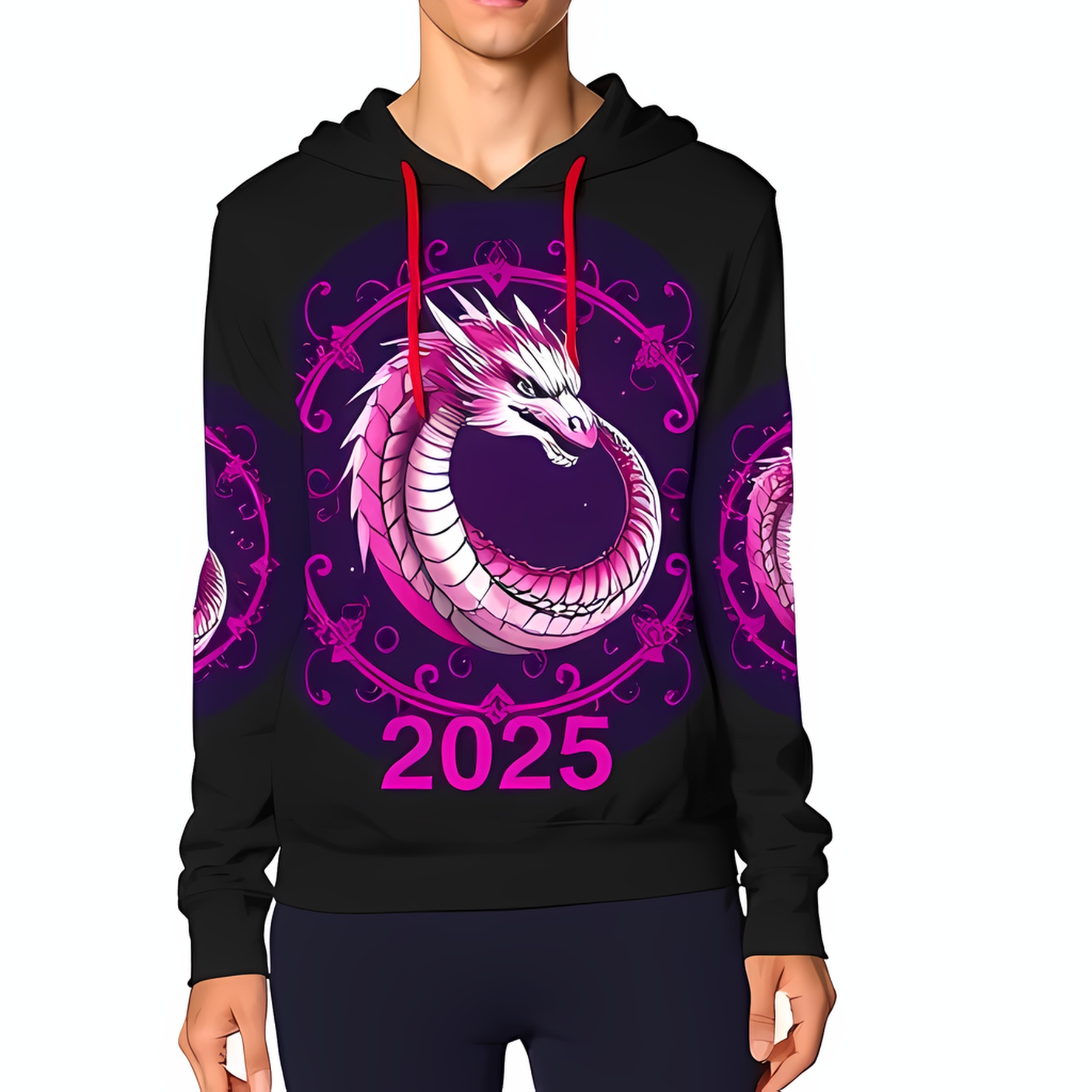 Stylish 3D Black Hoodie with Vibrant Pink Dragon Design & 2025 Floral ...