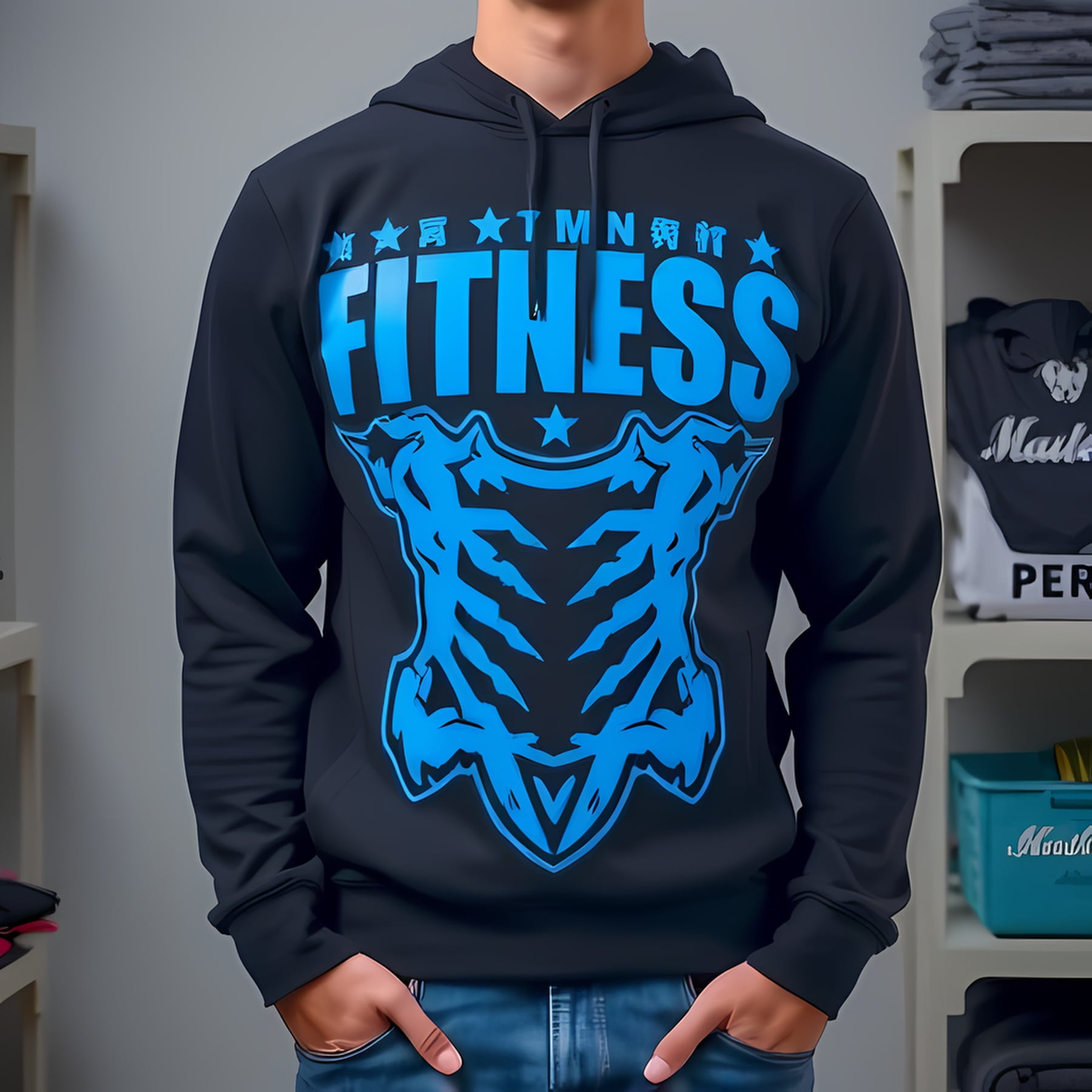 Stylish 3D Graphic Hoodie - Dark Navy Blue with Muscular Torso Design ...