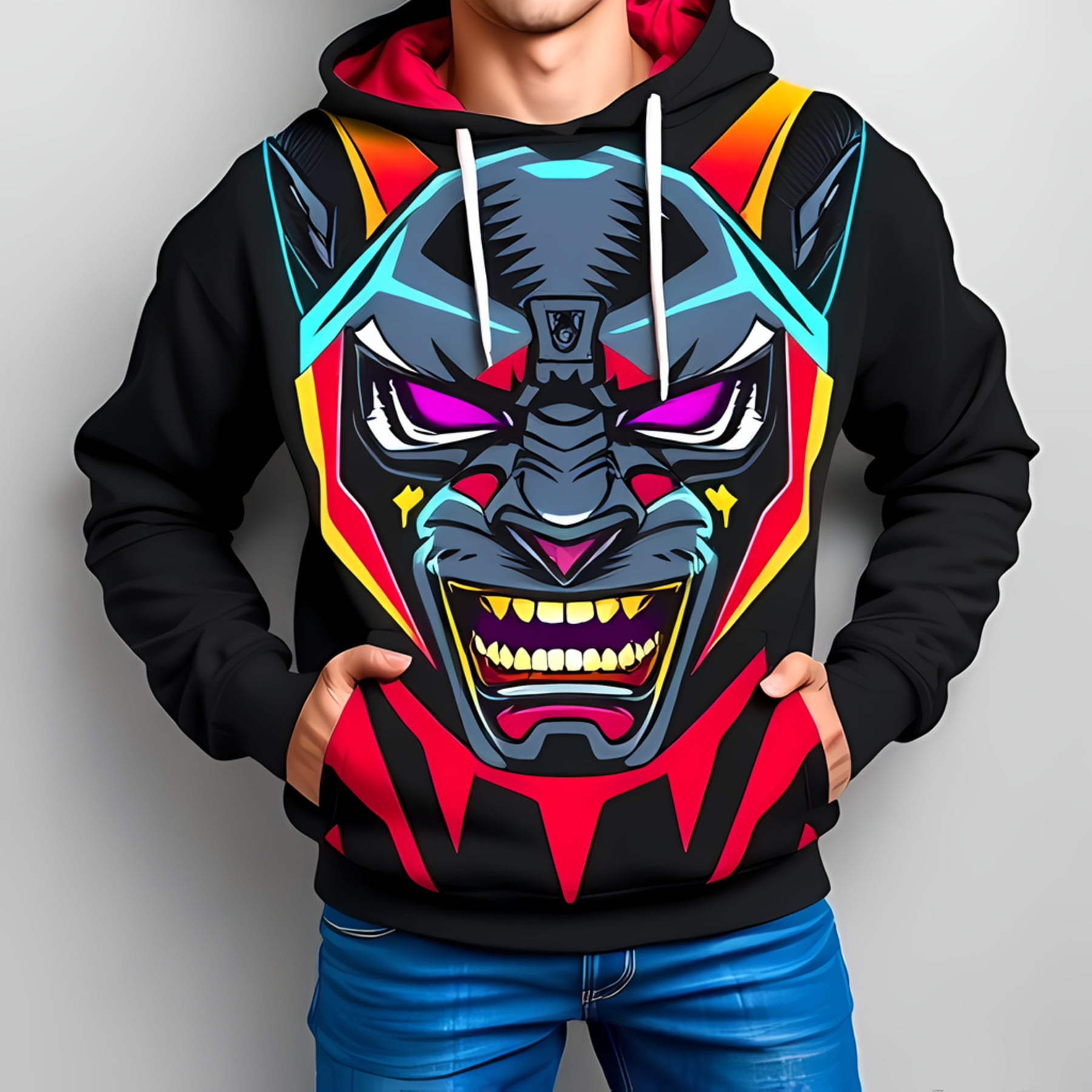 Stylish 3D Oni Mask Hoodie Vibrant Colors Japanese Folklore Design ...
