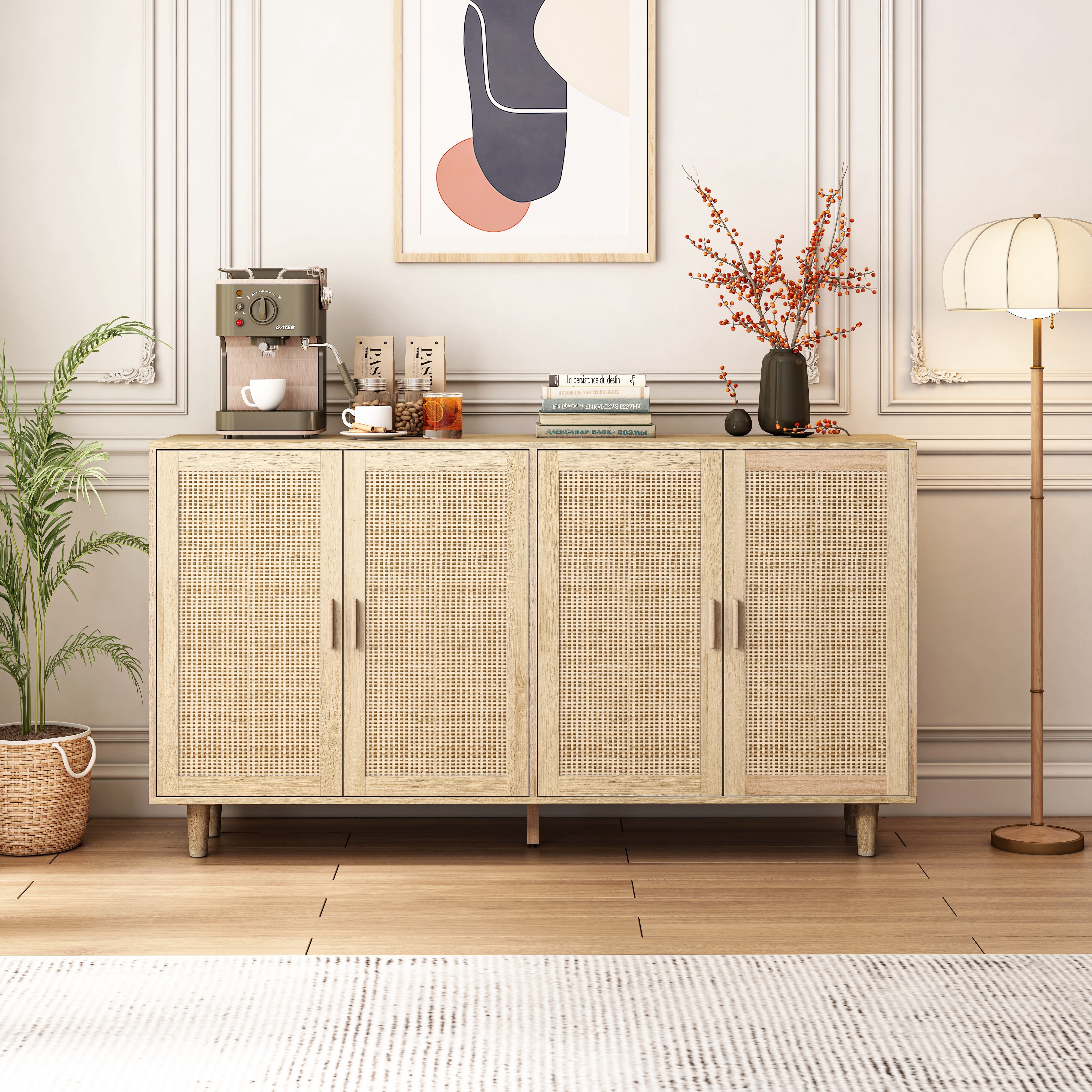 Stylish 4-Door Rattan Storage Cabinet Buffet Cabinet with Ample Storage ...