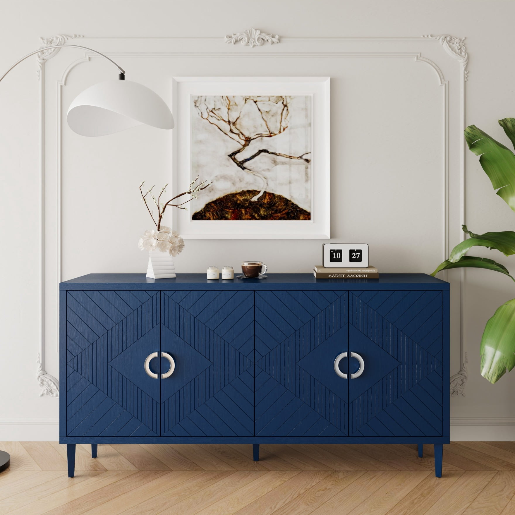 Stylish 4-Door Storage Cabinet with Adjustable Shelf with Pine Legs and ...