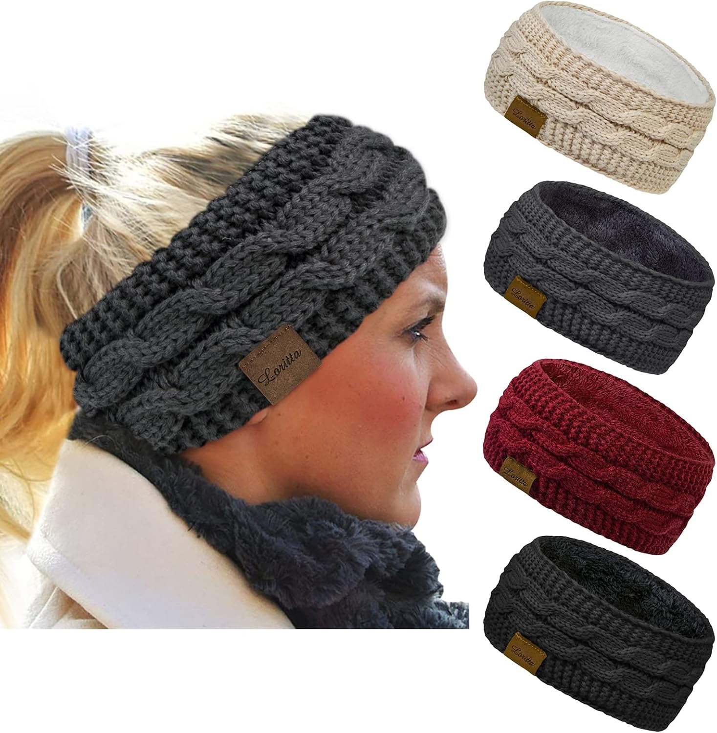 Stylish 4 Pack Womens Winter Headbands Fuzzy Fleece Lined Insulated Ear ...