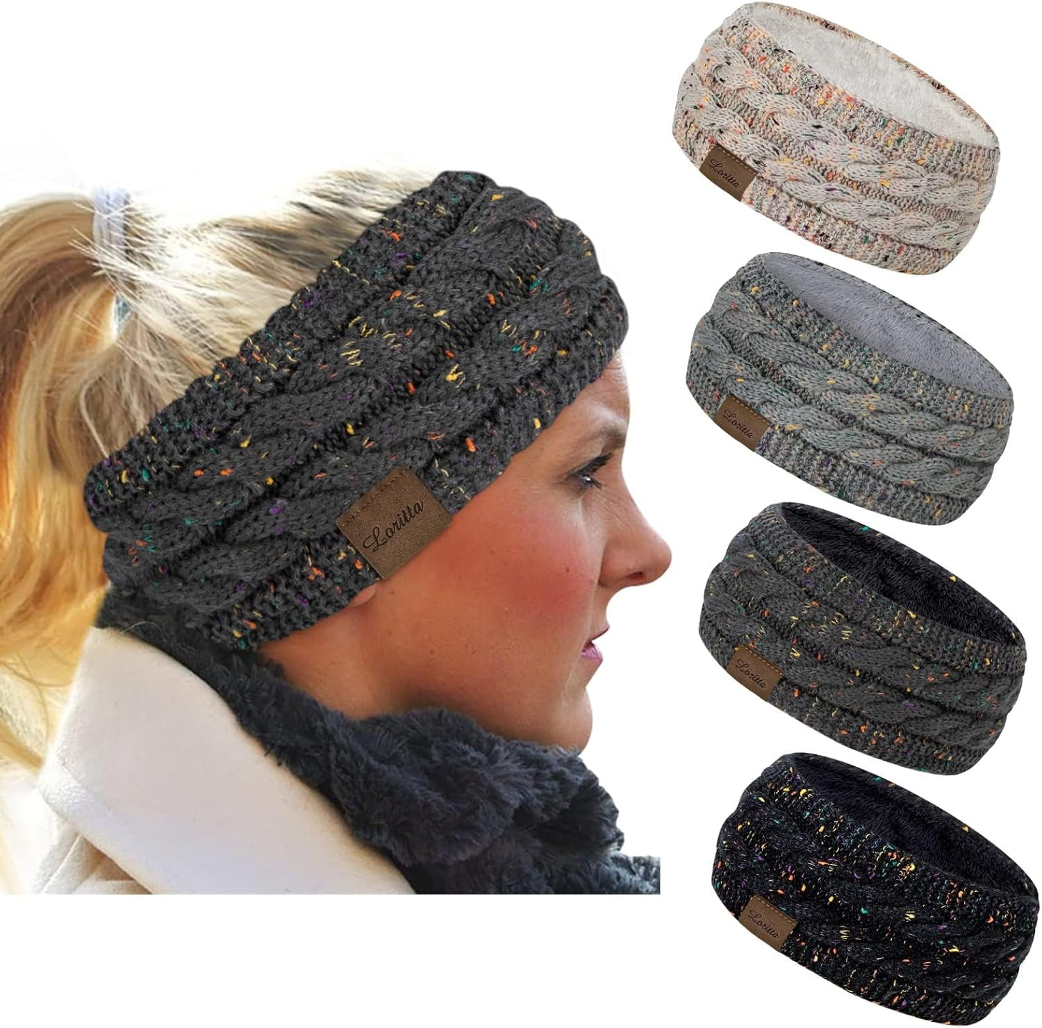 Stylish 4 Pack Womens Winter Headbands Fuzzy Fleece Lined Insulated Ear ...