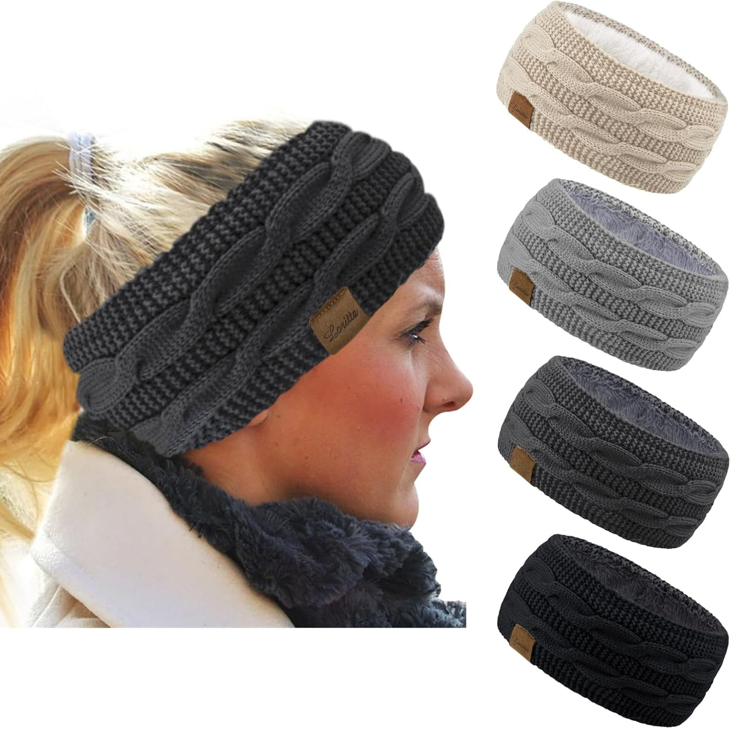 Stylish 4 Pack Womens Winter Headbands Fuzzy Fleece Lined Insulated Ear ...