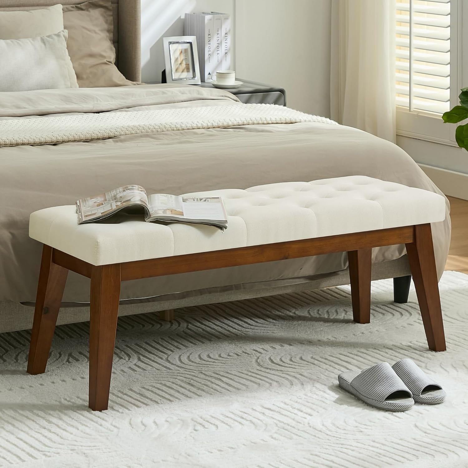 Stylish 43.5'' Tufted Beige Linen Dining Bench with Solid Wood Support ...
