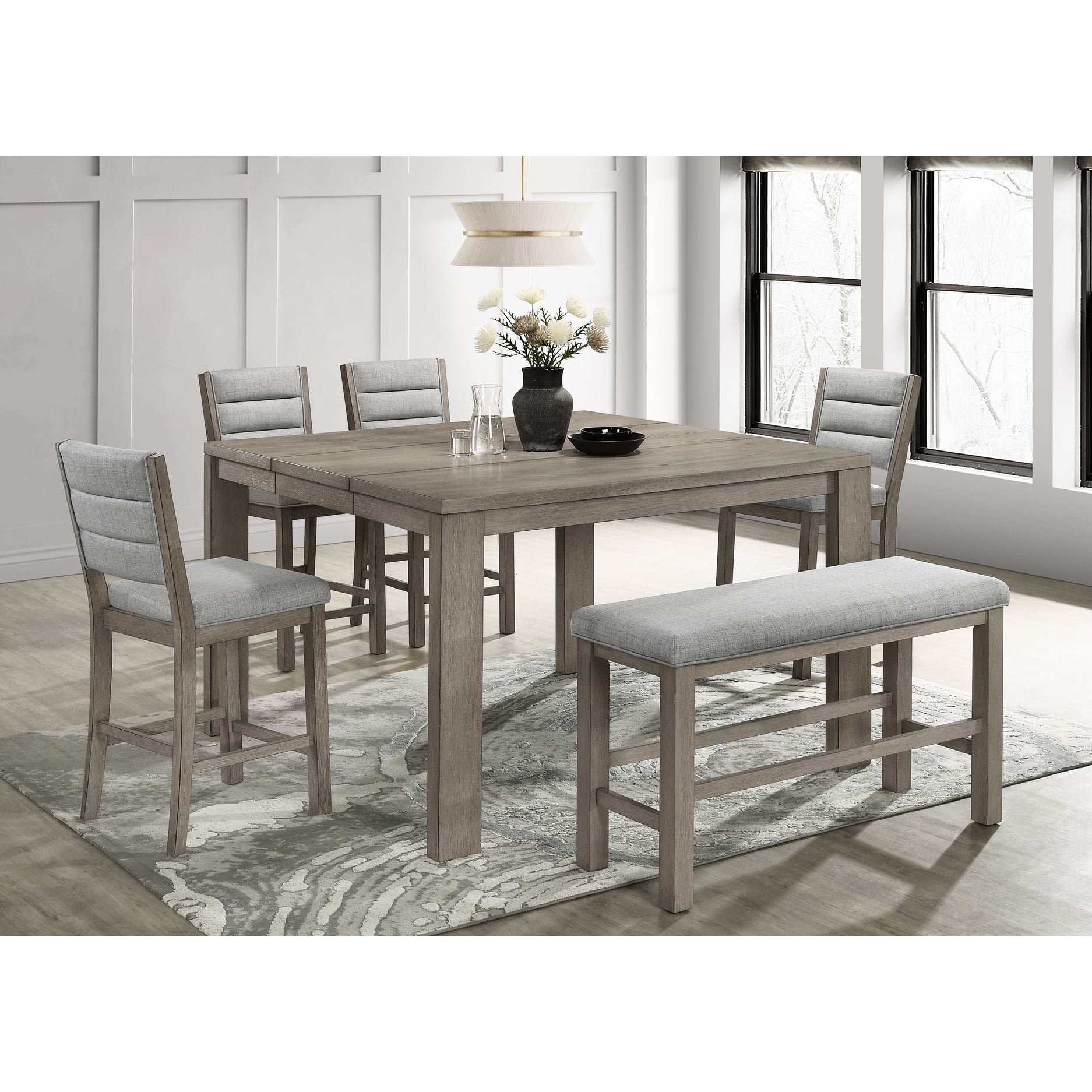 Stylish 6pc Dining , 18" Expandable Square Leaf Table, Upholstered ...