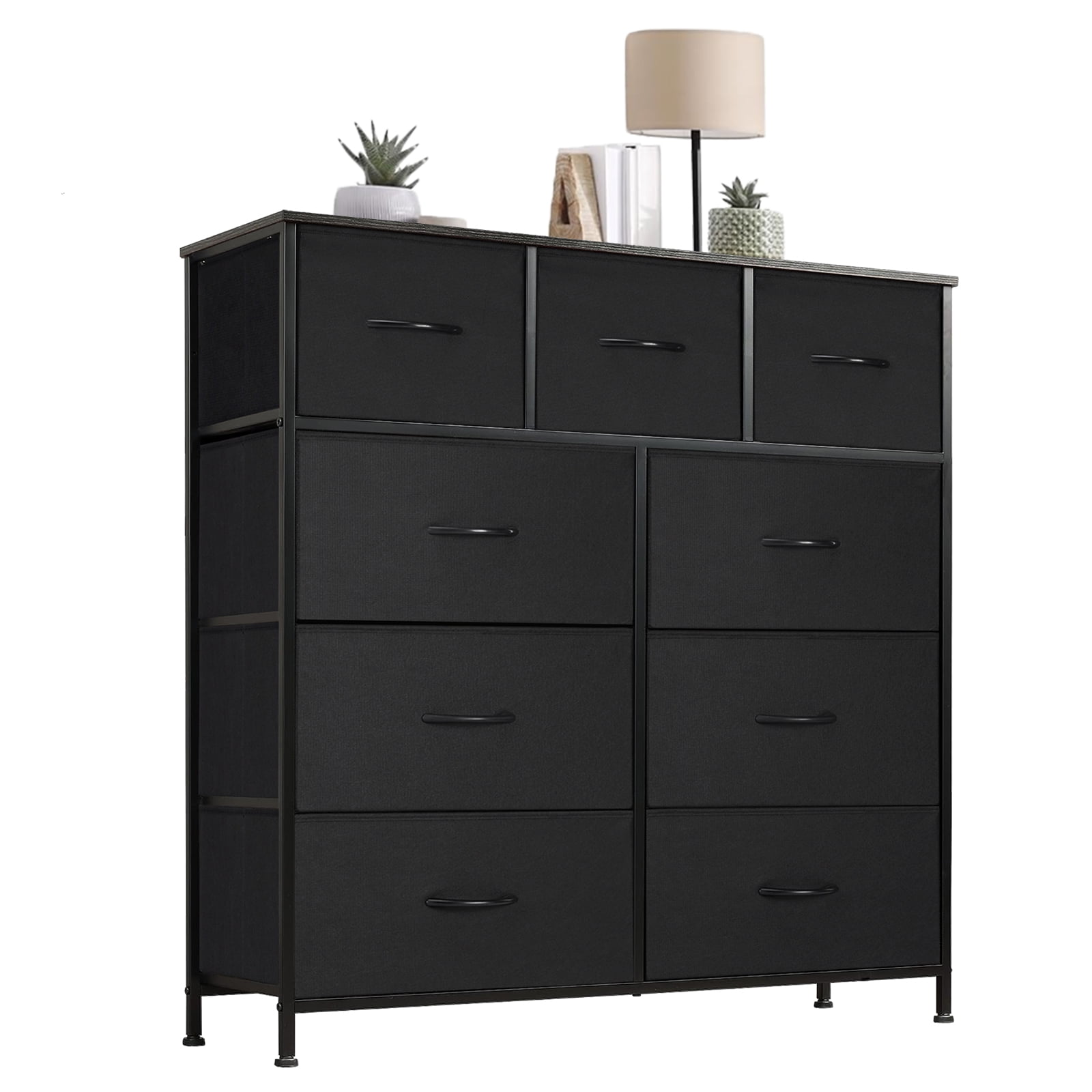 9-Drawer Fabric Storage Dresser with Steel Frame, Wooden Top, Black ...