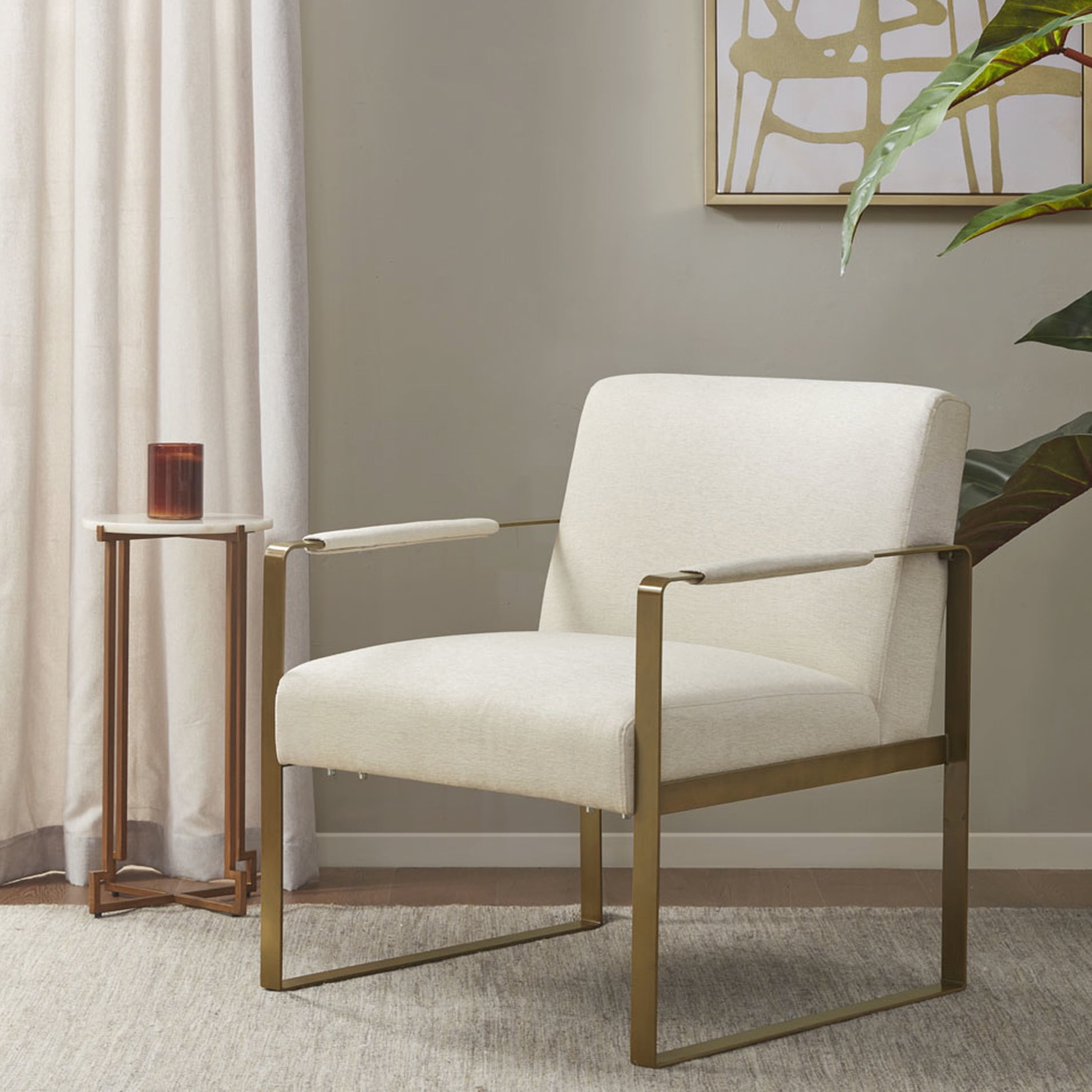 Stylish Accent Chair By Street - Cream Upholstery, Antique Gold Metal ...