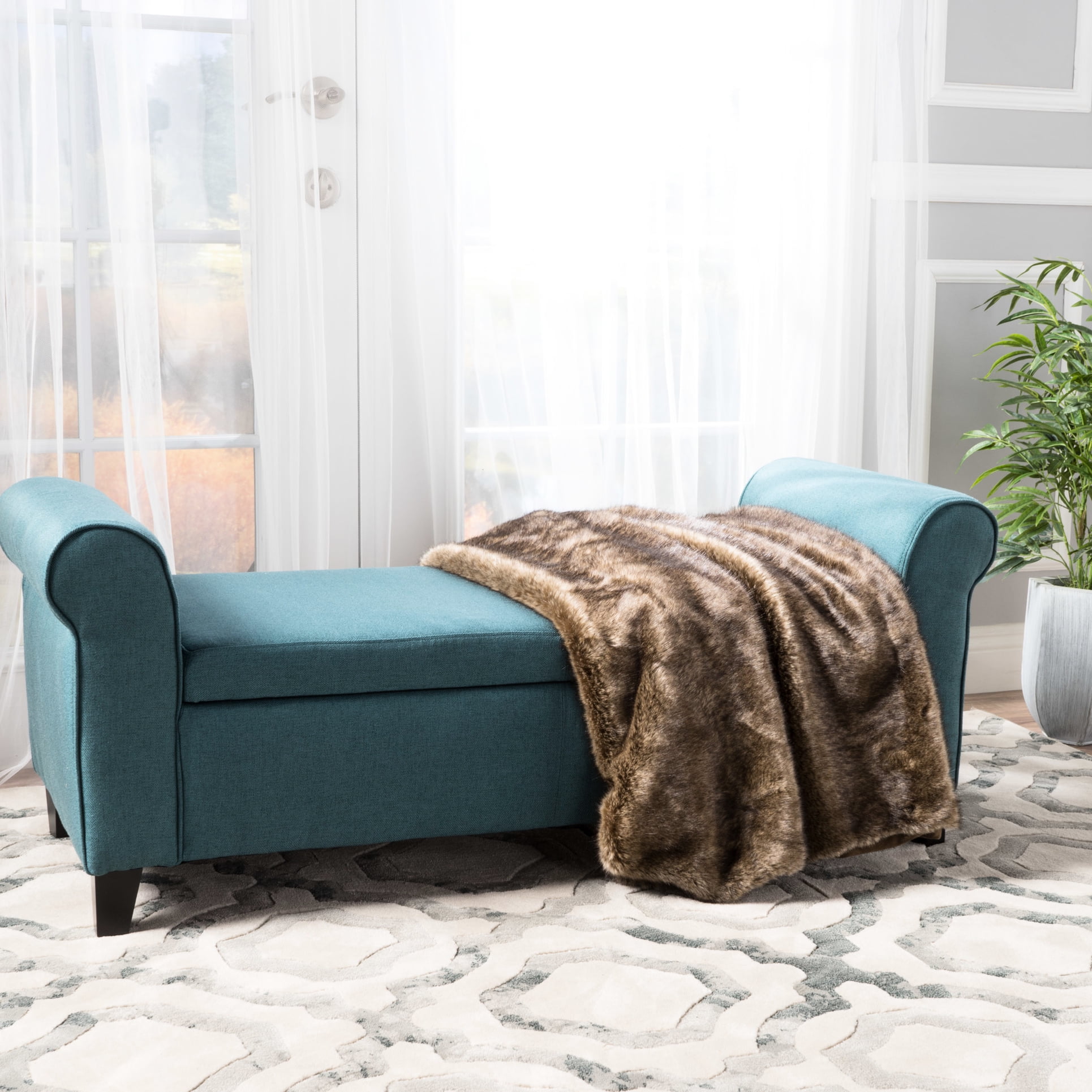 Stylish Armed Storage Bench In Teal For A Graceful Interior Space ...