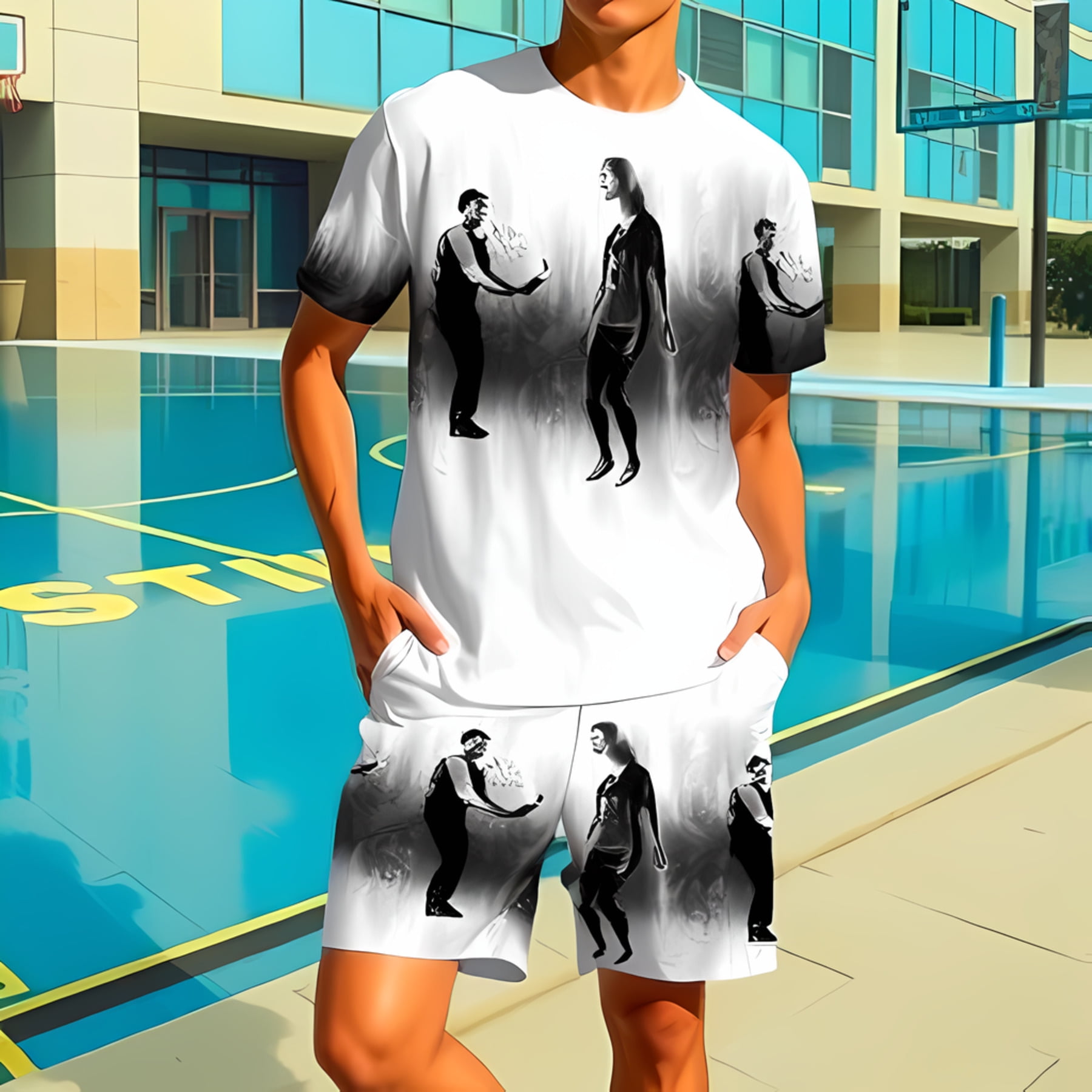 Stylish Athletic Two-Piece Set: White T-Shirt & Shorts with Grayscale ...