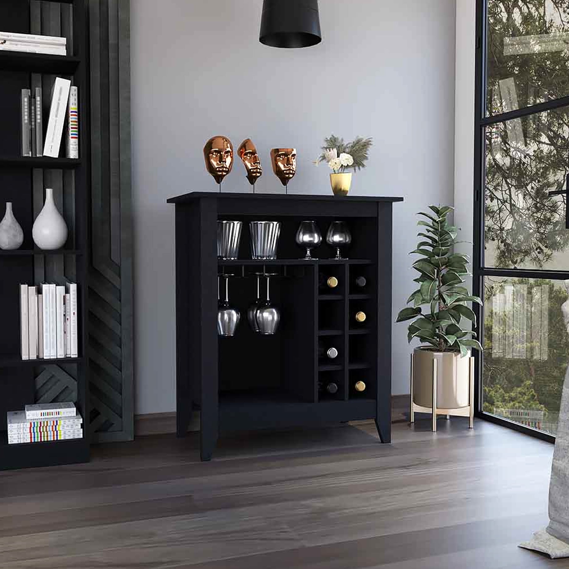 Stylish Bar Cabinet With Six Wine And One Open Shelf In Dark Black ...