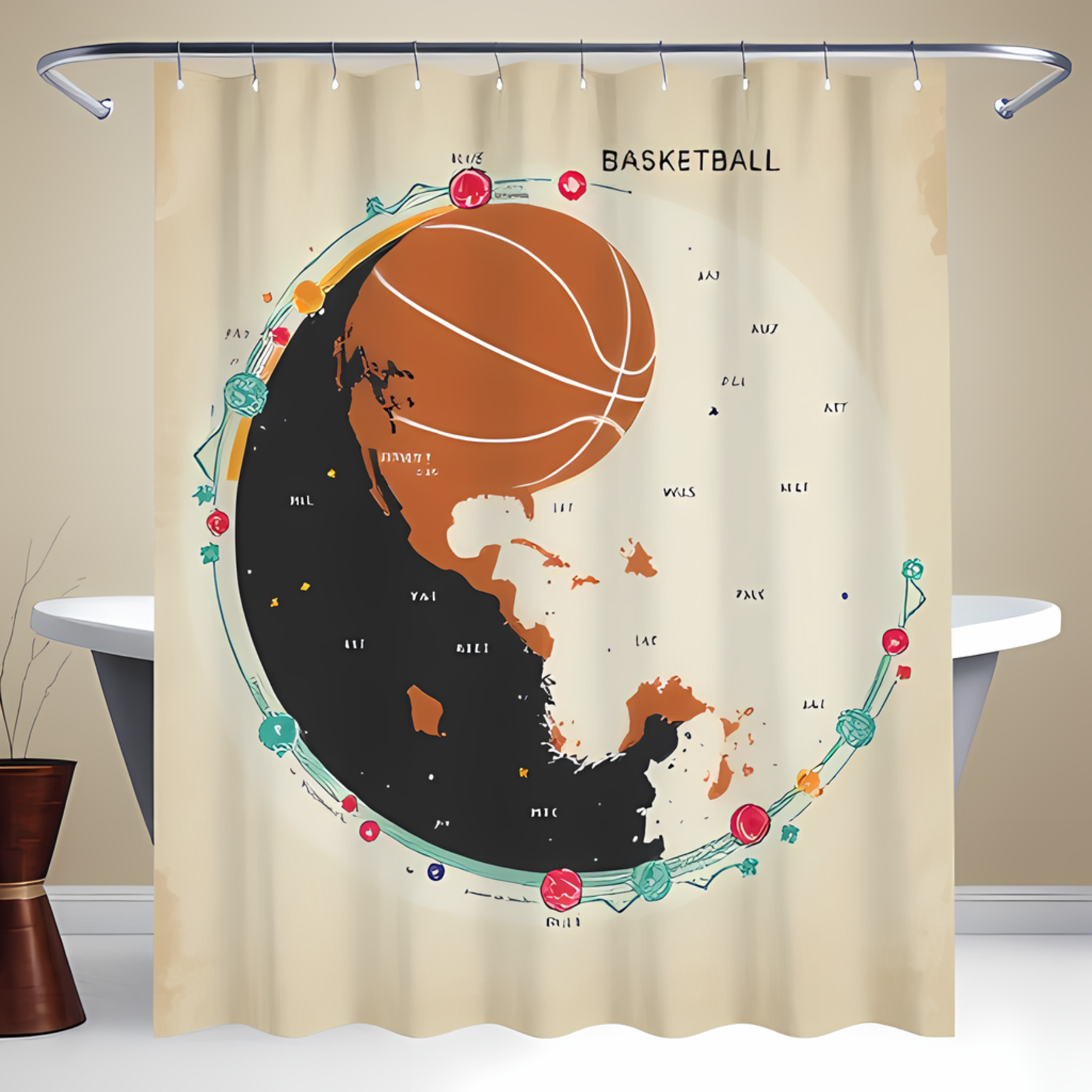 Stylish Basketball Shower Curtain with Americas Map Design & Names ...