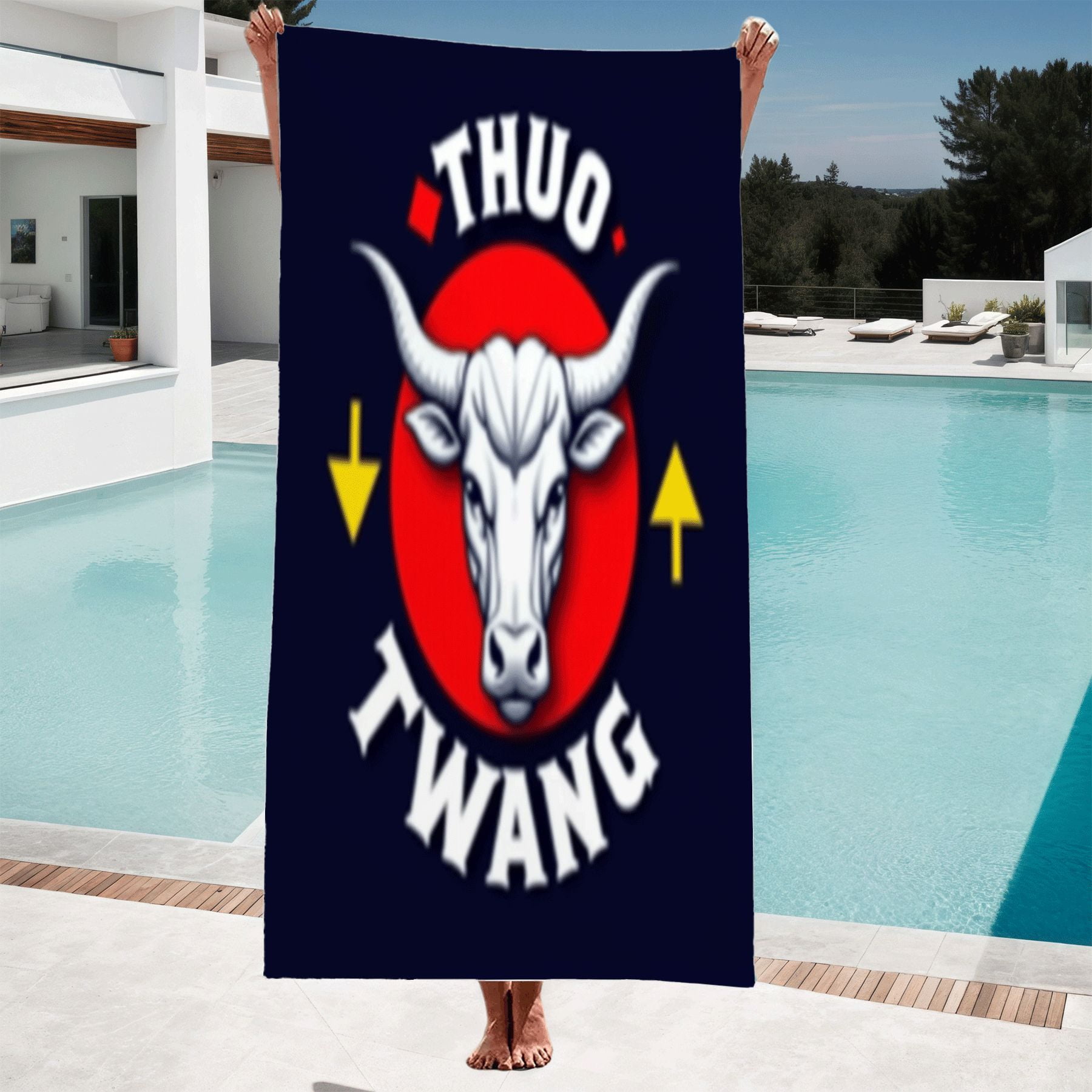 Stylish Beach Towel - Bold White ' THUO ' & ' TWANG ' Text Dark Blue ...