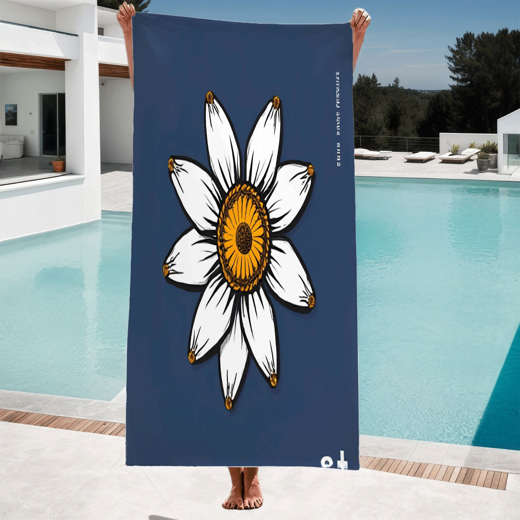 Stylish Beach Towel with Bold Floral Design - White Petals & Yellow ...