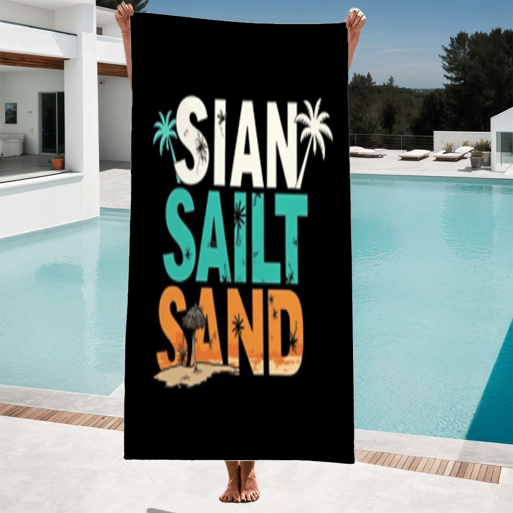 Stylish Beach Towel with Bold ' SIAN SAILT SAND ' Design Featuring Teal ...