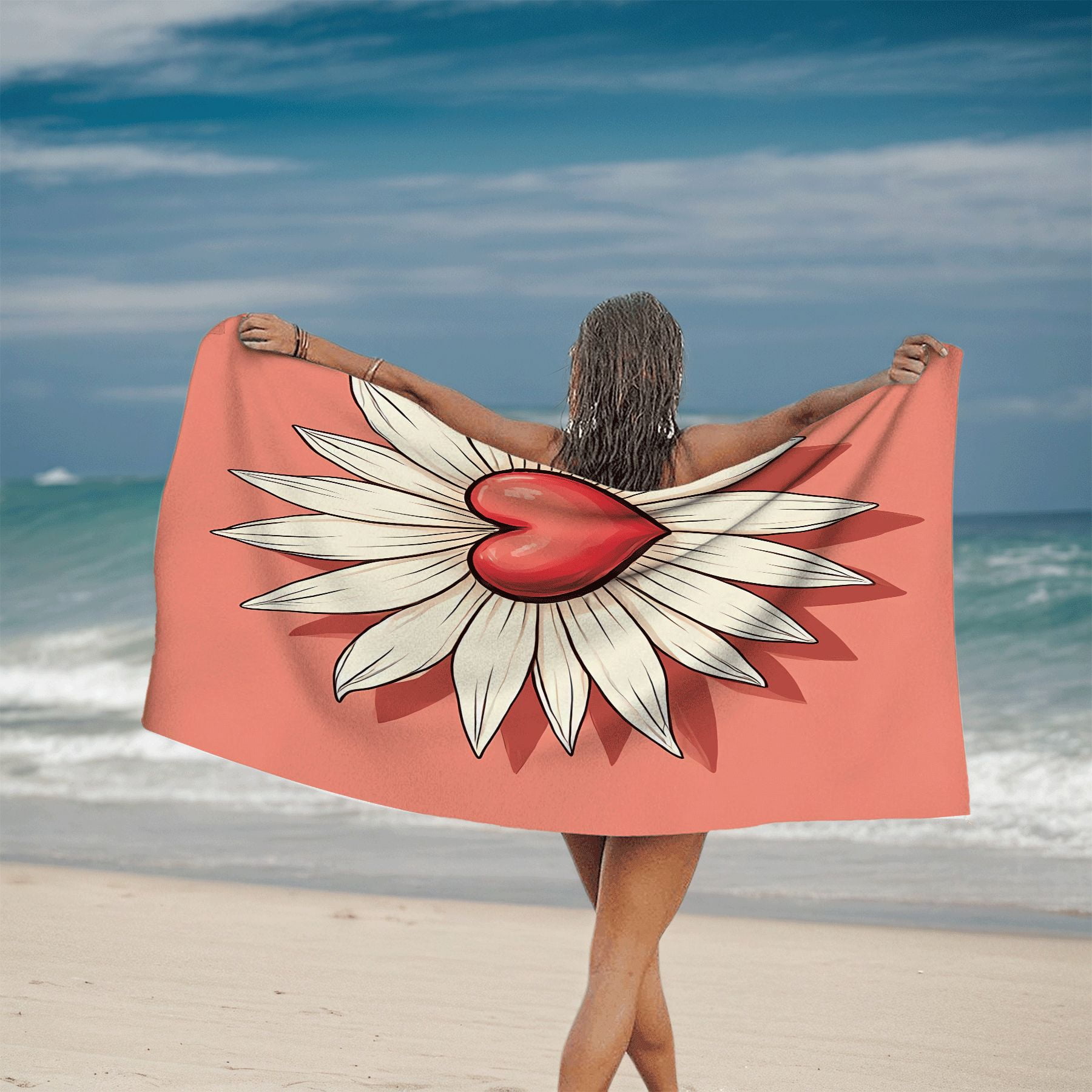 Stylish Beach Towel with Floral Heart Design - Large Red Heart Center ...