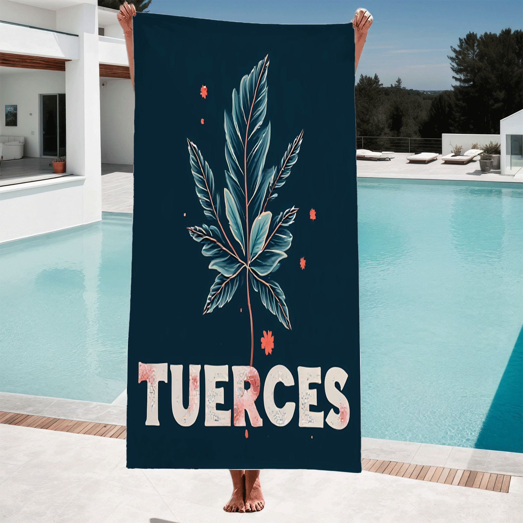 Stylish Beach Towel with Leaf Design - Light Blue & Green Hues Orange ...