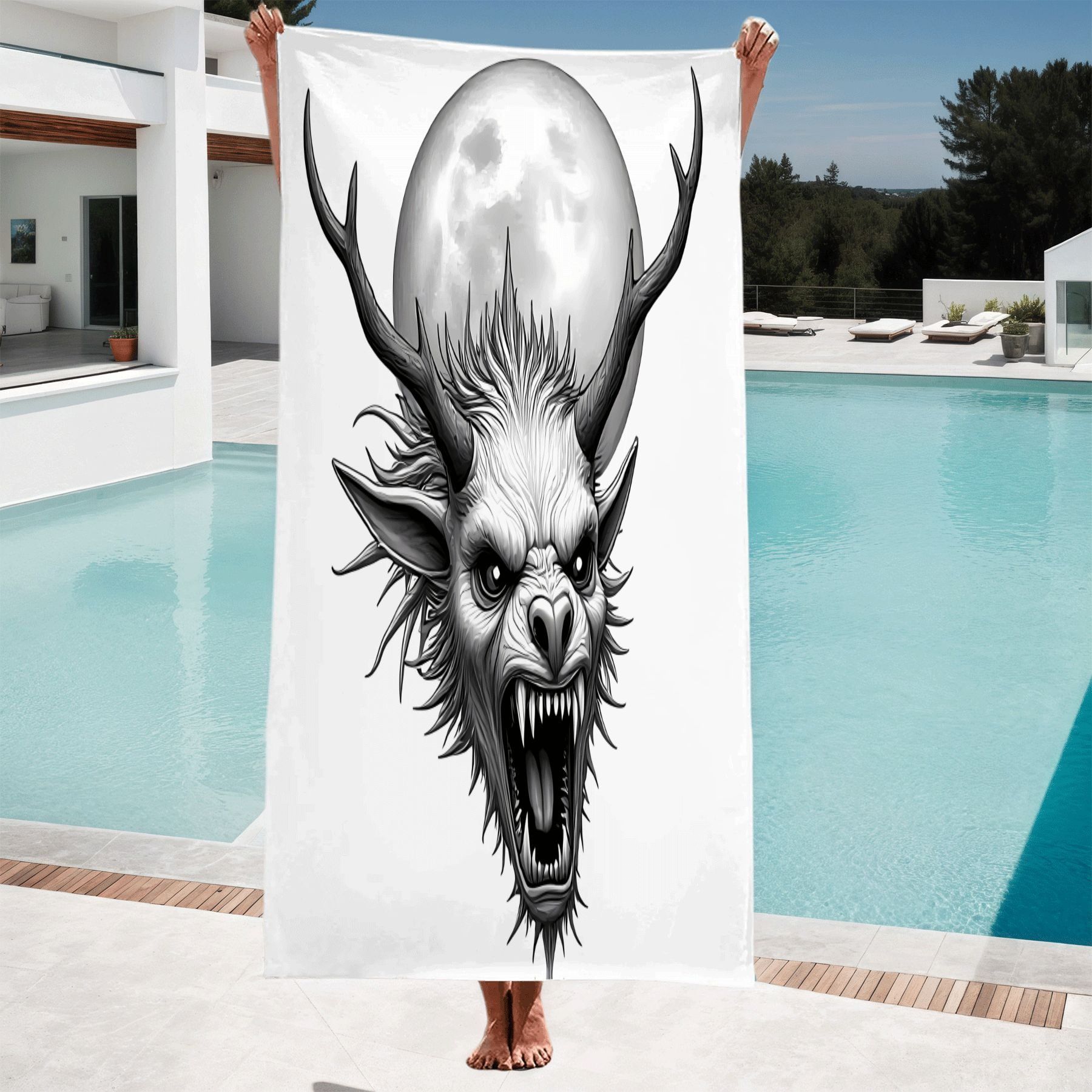 Stylish Beach Towel with Mythical Creature Design - Fierce Horned Beast ...