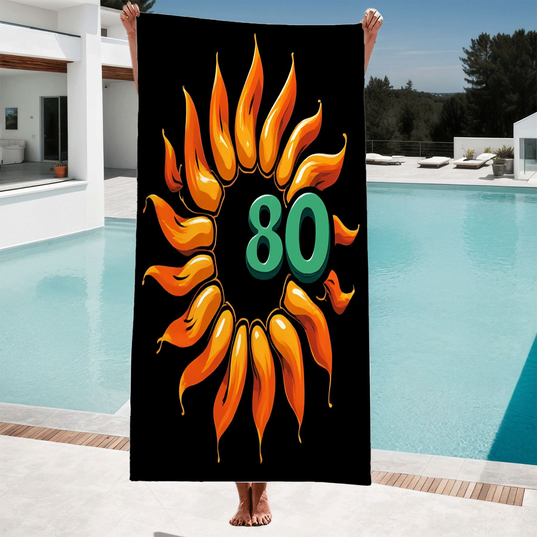 Stylish Beach Towel with Radiant Sun Design & Glossy ' 80 ' in Green - Perfect for Pool Bath and ...