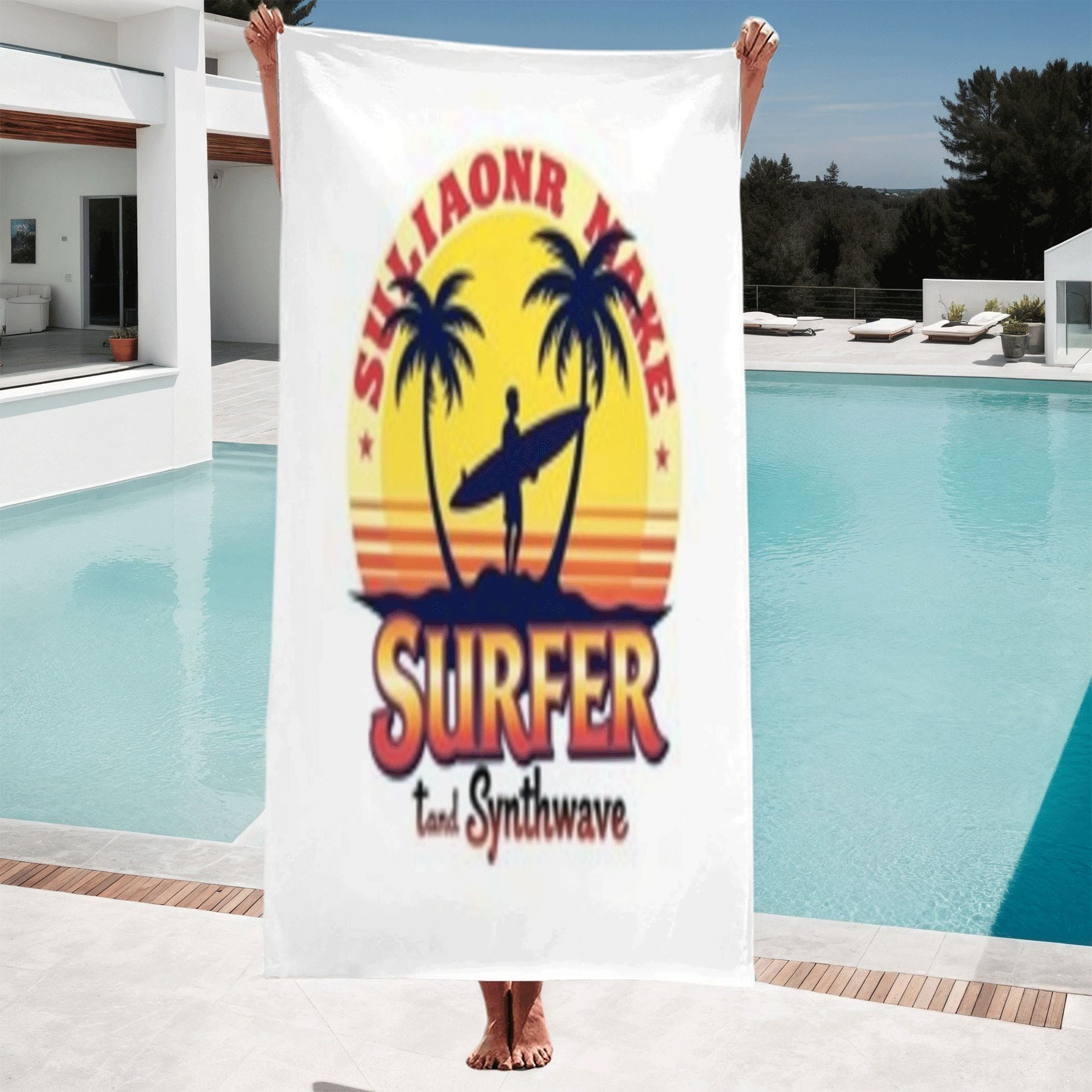 Stylish Beach Towel with Surfer Graphic Palm Trees & Sunset Gradient ...