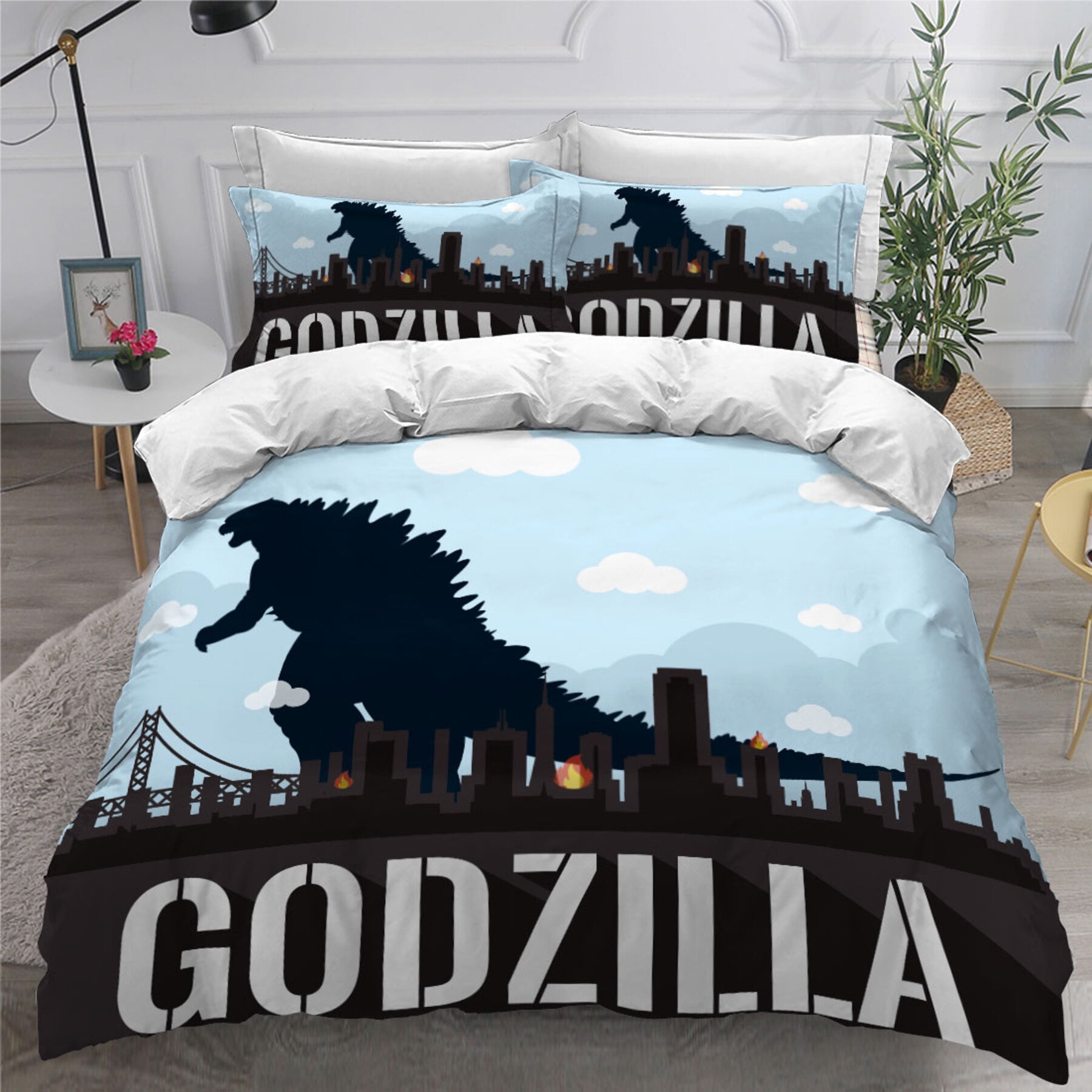 Stylish Bedding Set Black on Light Blue Sky with Cityscape & Golden ...