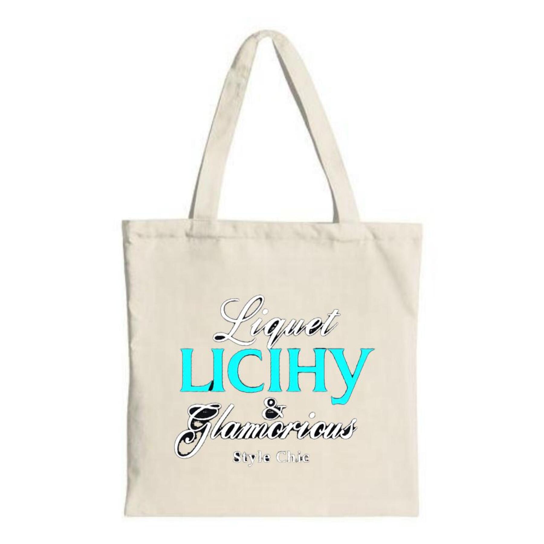 Stylish Beige Canvas Tote Bag with Artistic " Liquet " " Lichy " and ...