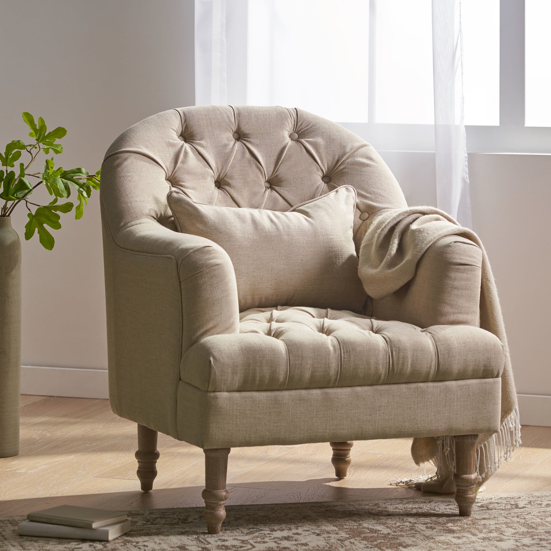 Stylish Beige Upholstered Chair With Oak Legs And Back Support Comfy ...