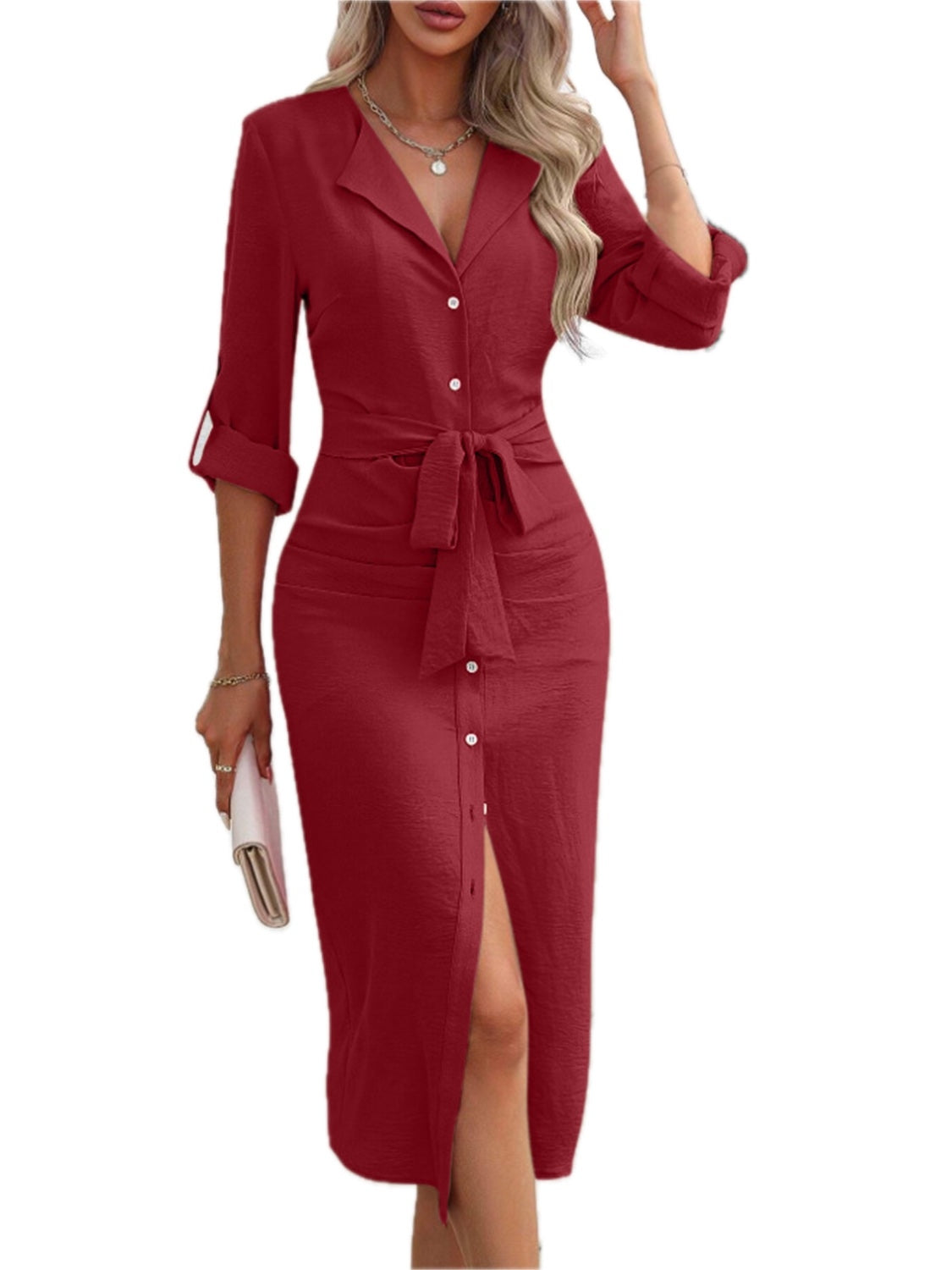 Stylish Belted Collared Dress with Roll-Tab Sleeves for Effortless ...