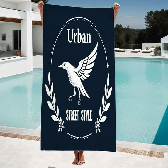 Stylish Bird in Bath Towel - Elegant Dark Blue Design with Laurel ...
