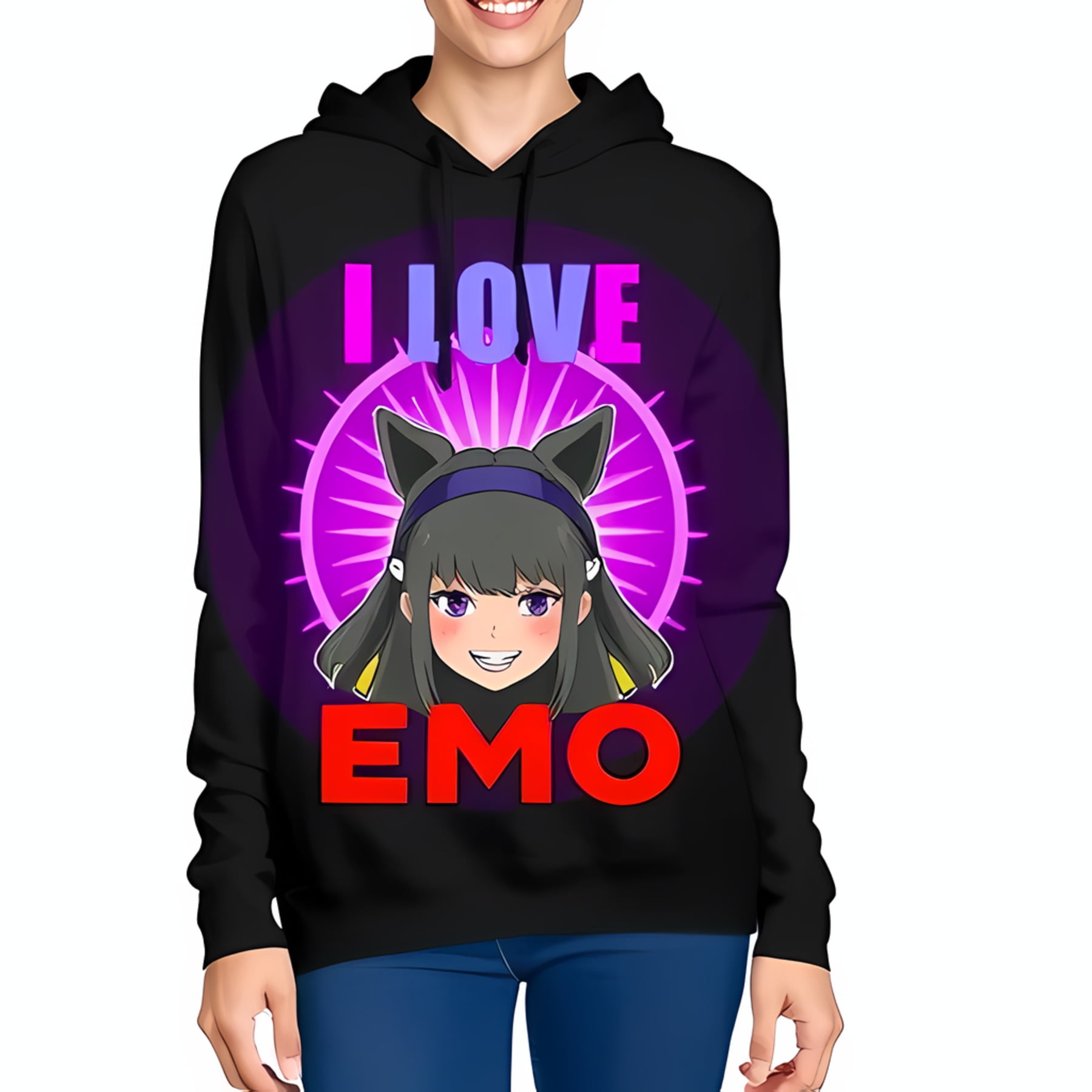 Stylish Black 3D Hoodie with "I LOVE EMO" Graphic - Bold Red Text ...