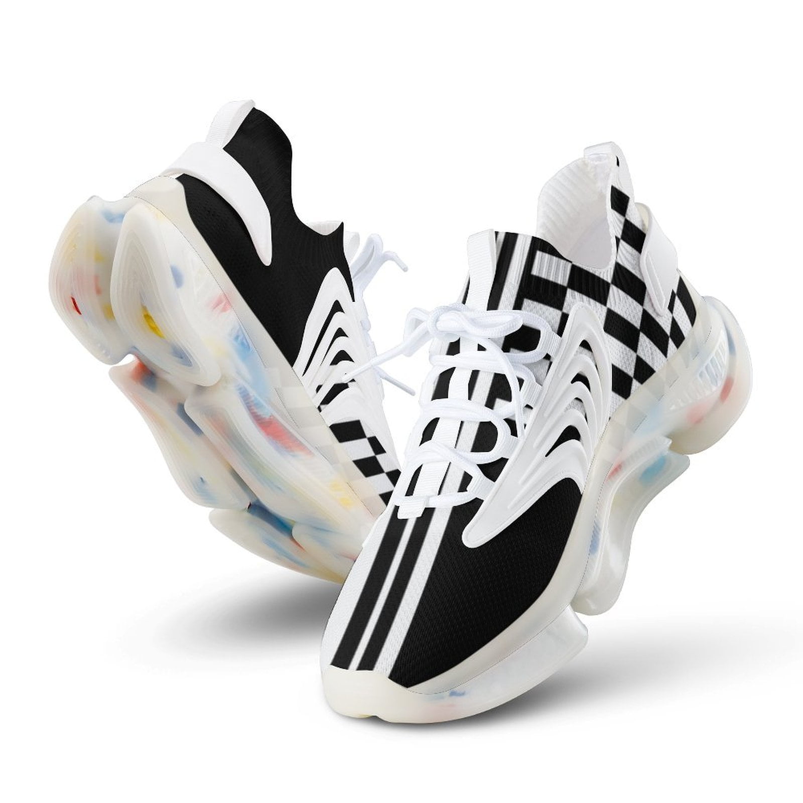 Stylish Black And White Check And Stripes Walking Shoes for Men Woman ...