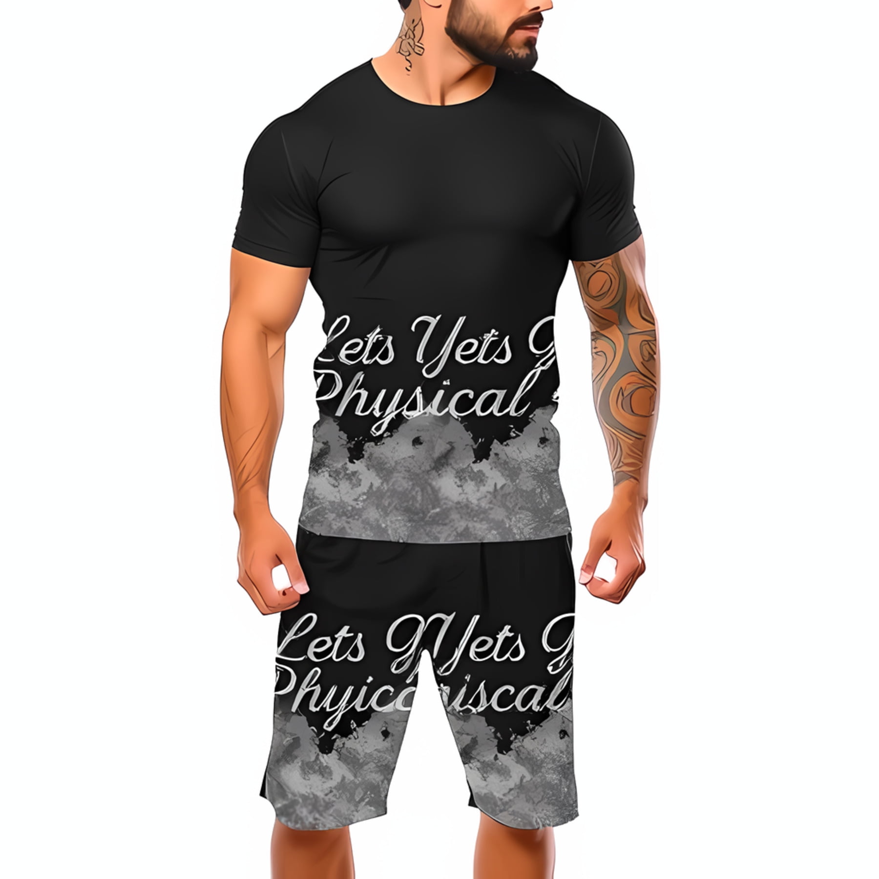 Stylish Black Athletic T-Shirt and Shorts Set with Grayscale Mottled ...