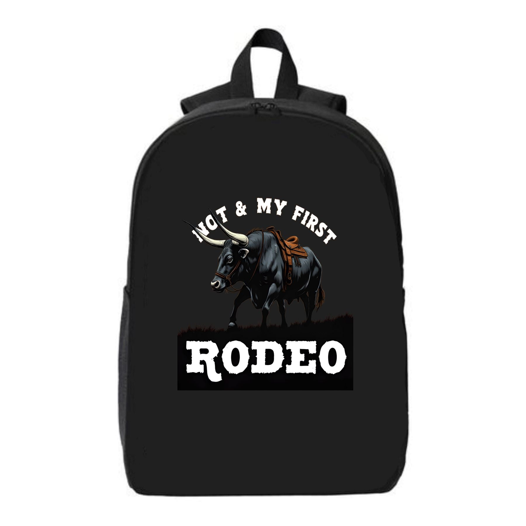 Stylish Black Backpack with Graphic & ' WCT & MY FIRST RODEO ' Text ...