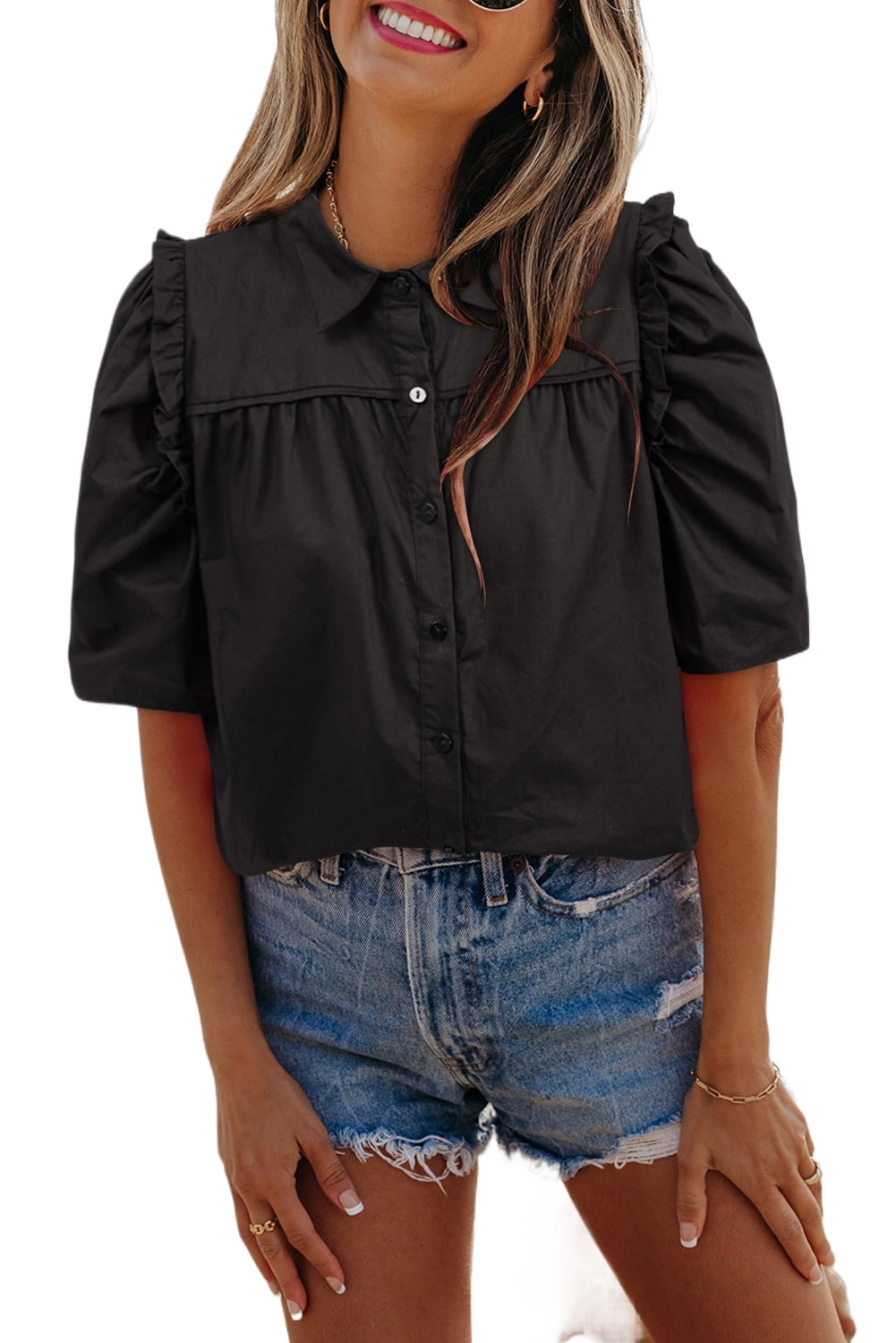 Stylish Black Cotton Shirt with Sophisticated Collar and Relaxed Fit ...