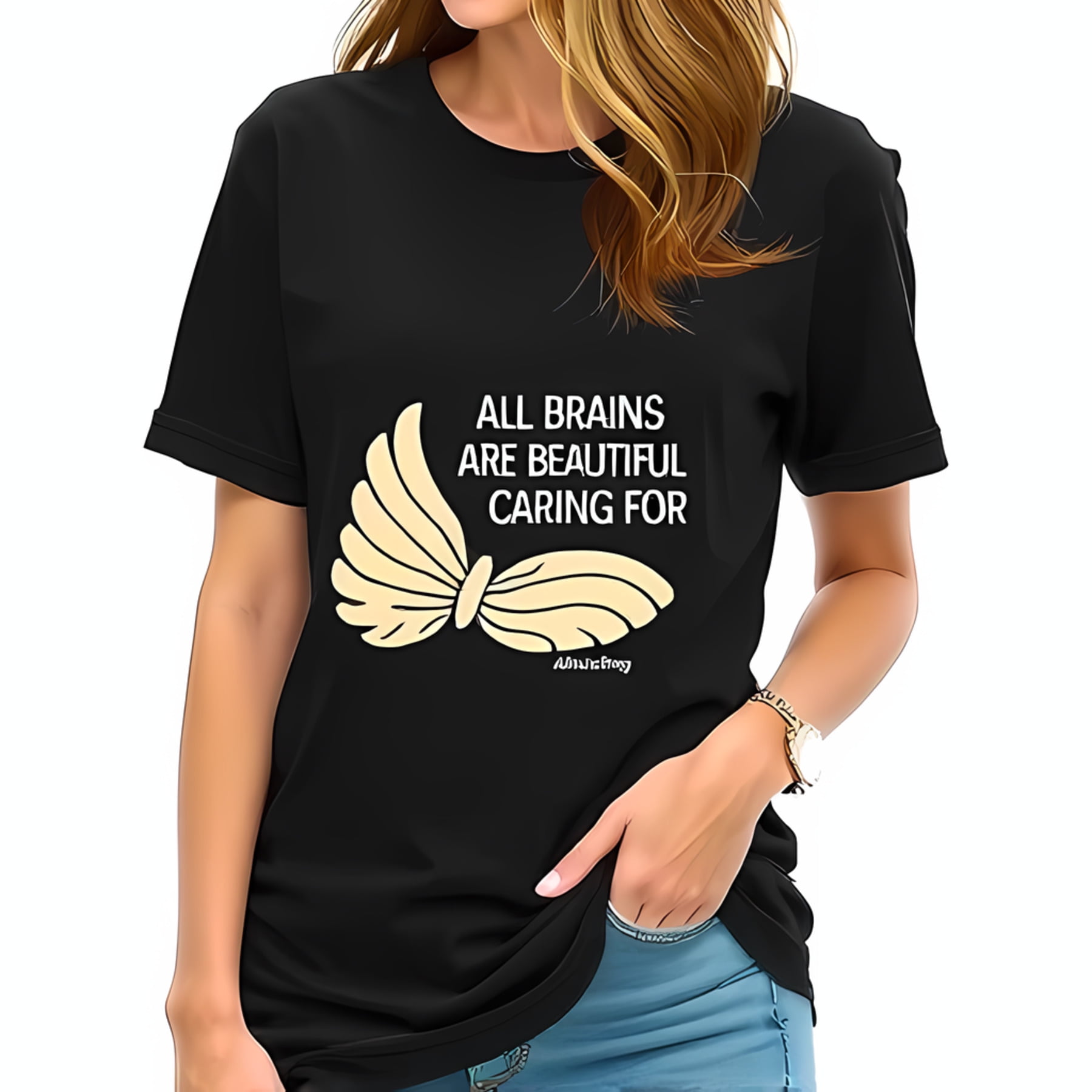 Stylish Black Cotton Short Sleeve T-Shirt with Cream Brain Graphic ...
