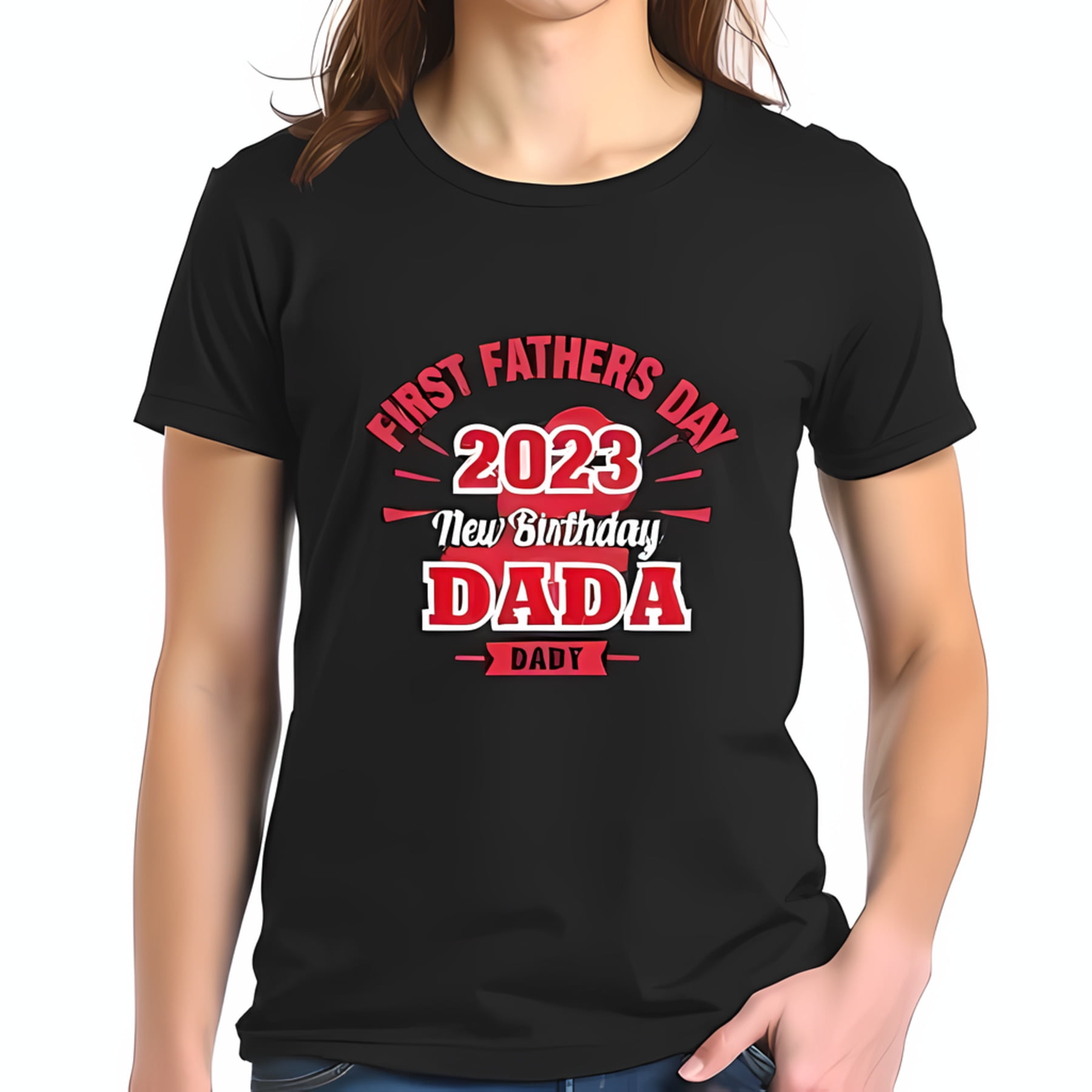Stylish Black Cotton Short Sleeve T-Shirt for New Dads - " FIRST FATHERS DAY 2023 " with Playful ...