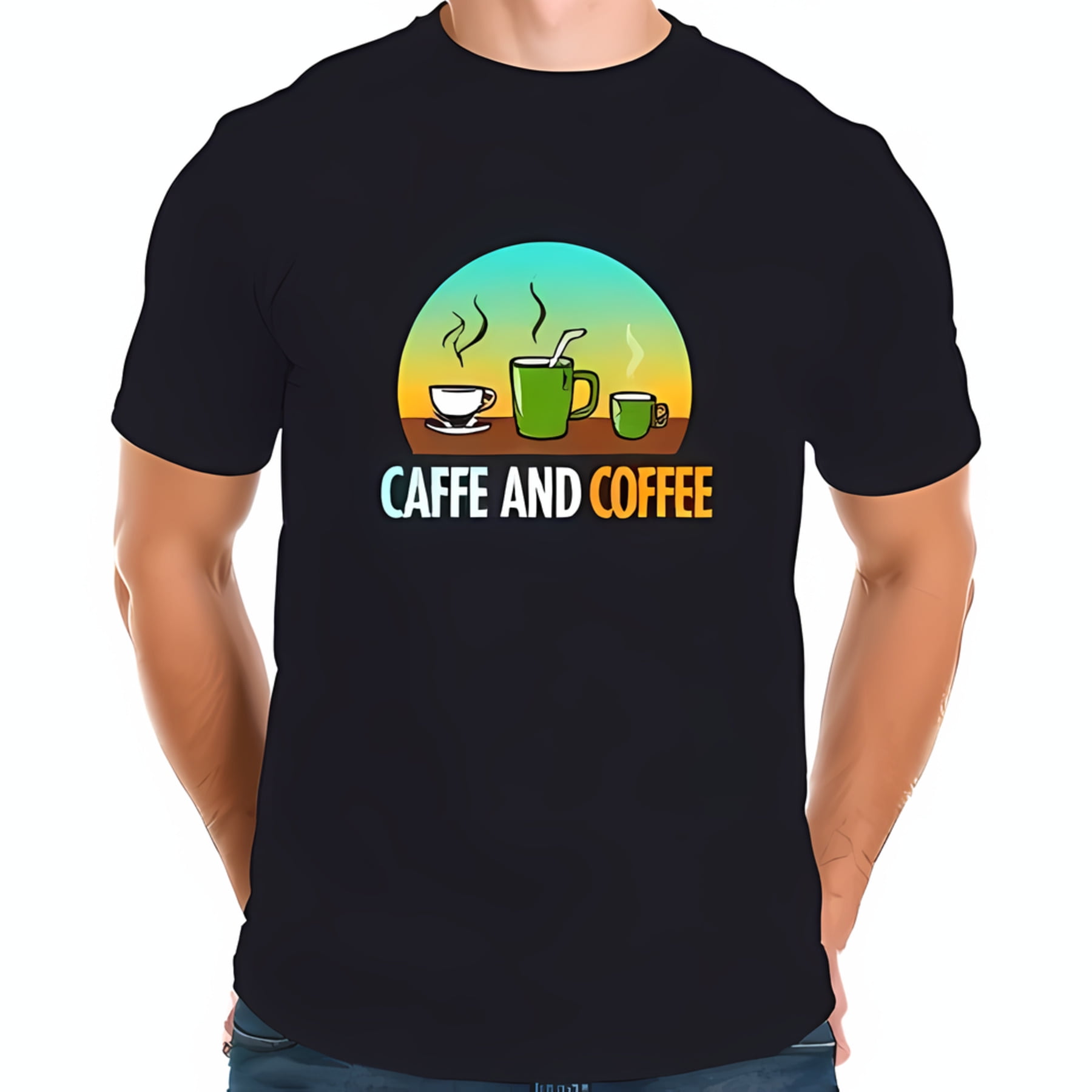 Stylish Black Cotton Short Sleeve T-Shirt with Whimsical Coffee Culture Graphic - " CAFFE AND ...